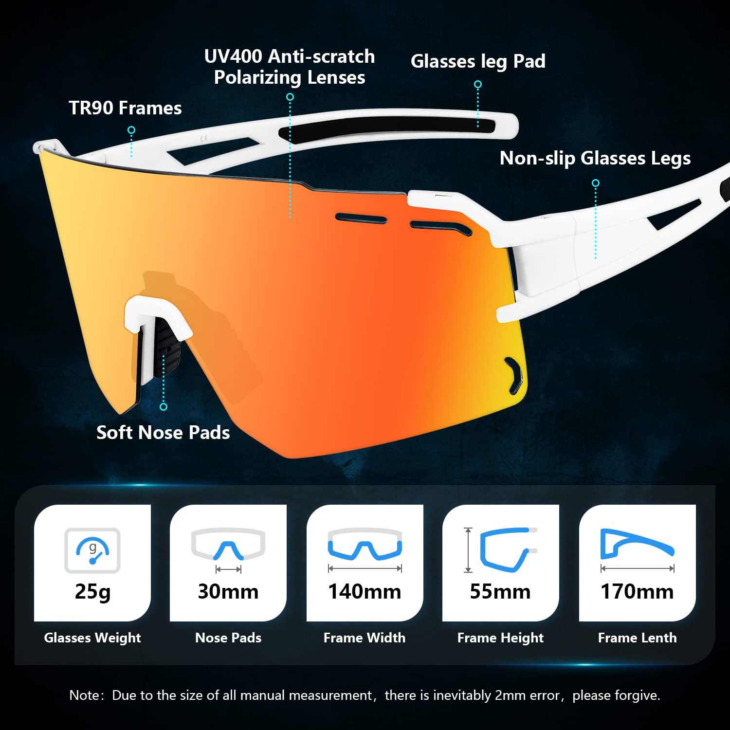 YzeeMi Polarized Sunglasses for Men Women, UV400 Protection for Cycling Running Baseball Driving Golf (Rainbow Red Lens White Frame)