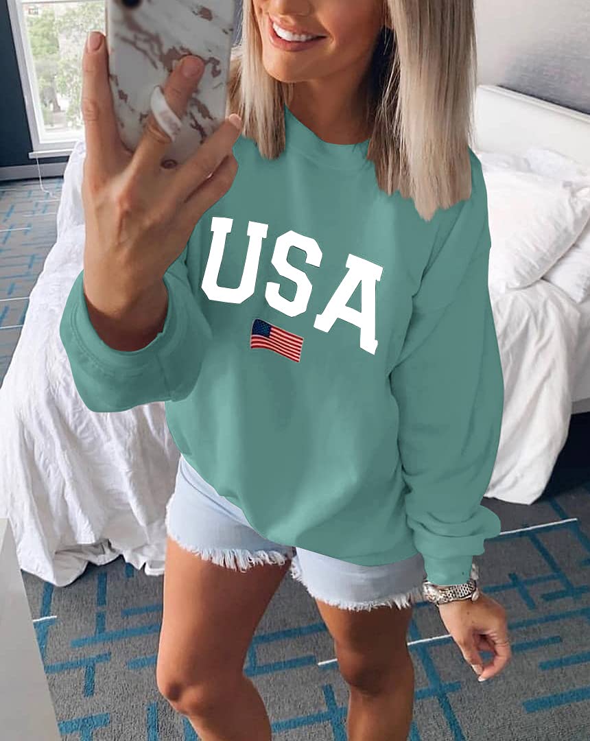 Women Long Sleeve Sweatshirt USA Flag Print Graphic Shirts Crew Neck America Pullovers Tops Blue Green Large