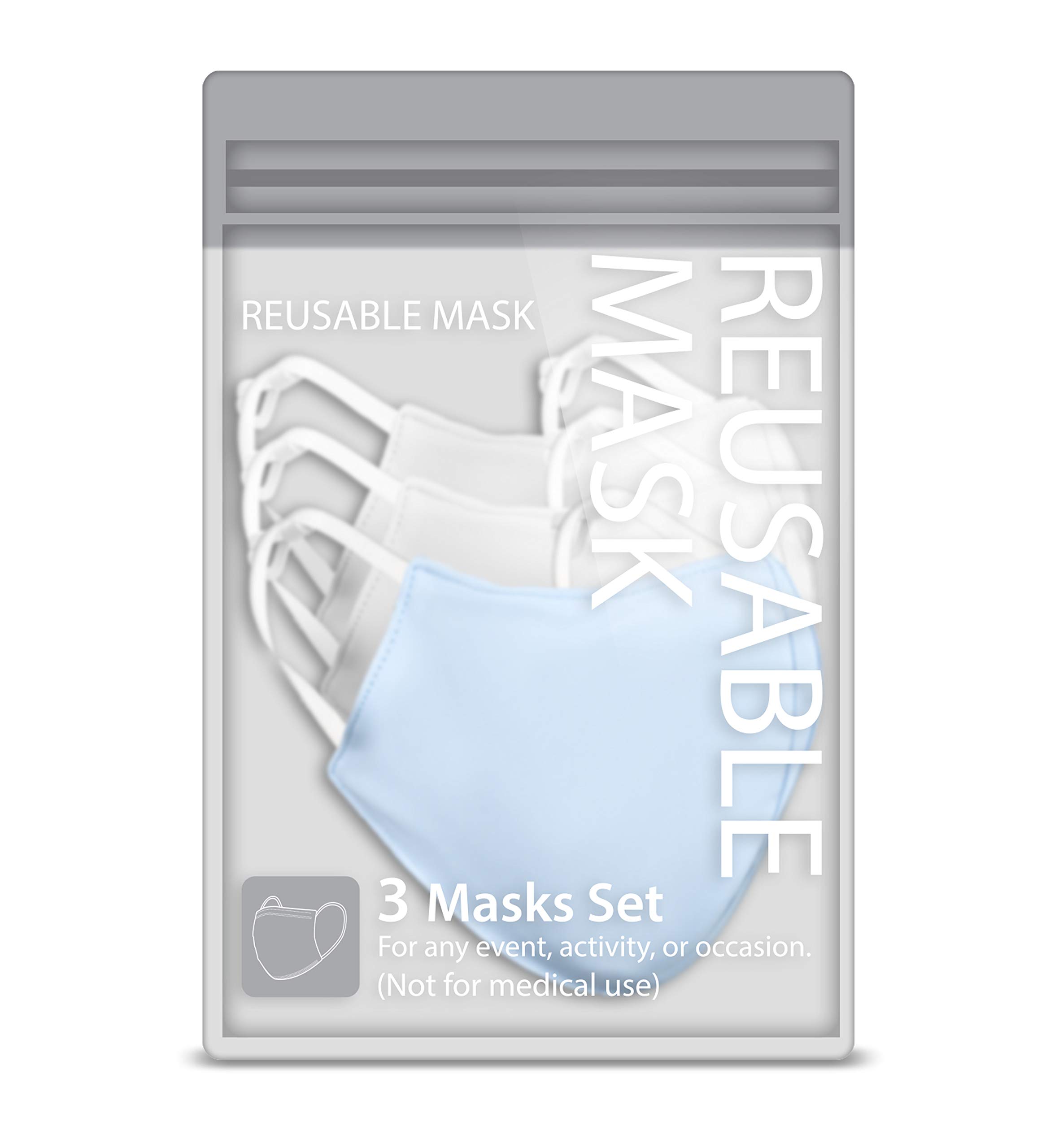 Purity Reusable Face Mask with Comfortable Elastic Earloop (Pack of 3, Collection of 2 White Masks & 1 Blue Mask), Washable Protective Fabric Mask – Unisize