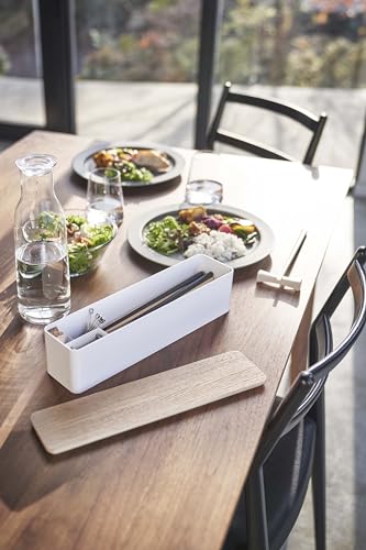 YAMAZAKI Home Rin Utensil Case Knife Fork Spoon Silverware Cutlery Holder With Divider, Portable For Kitchen Counter Or Table - Plastic + Wood