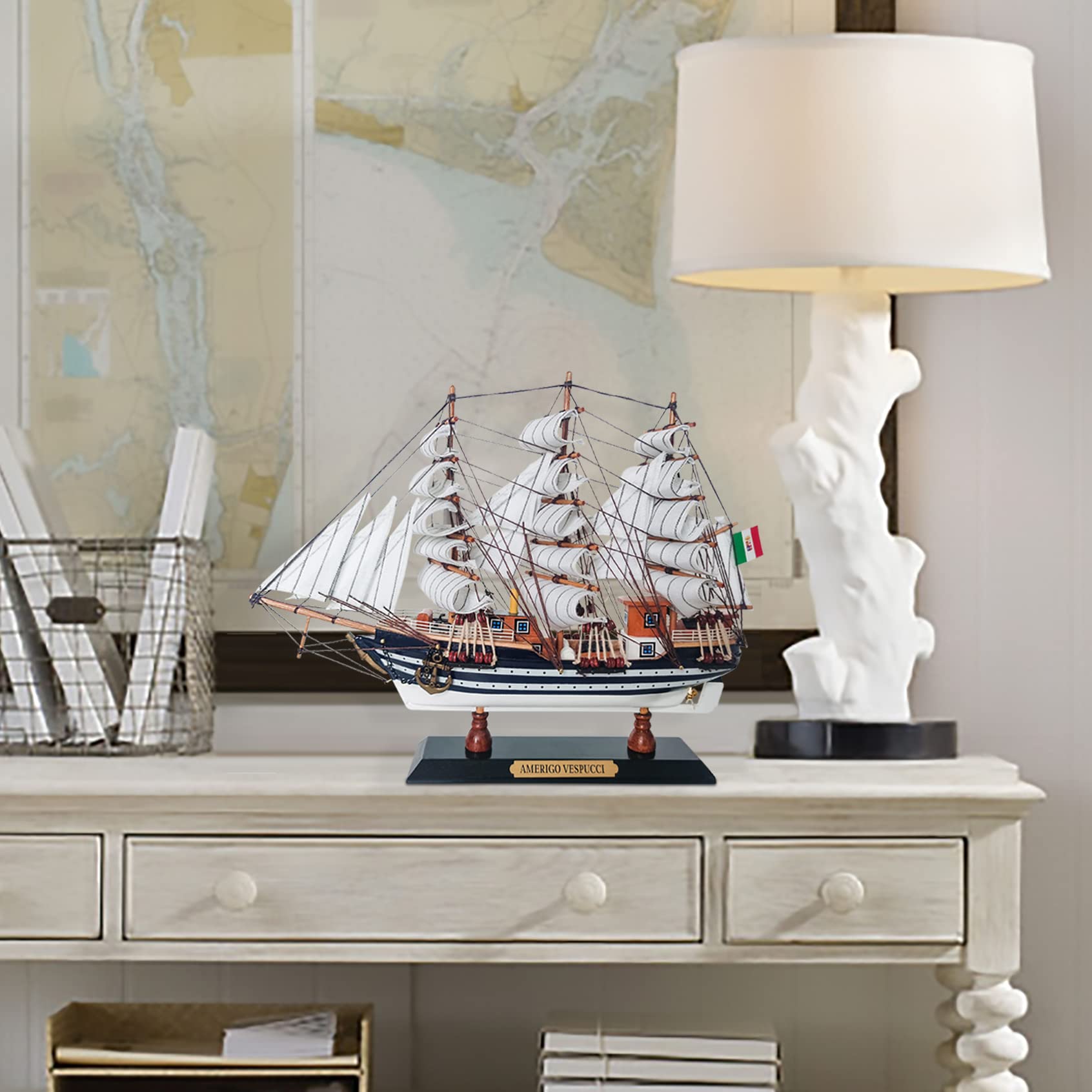 SAILINGSTORY Wooden Model Ship Amerigo Vespucci 1/300 Scale Replica Ship Model Sailboat Decor