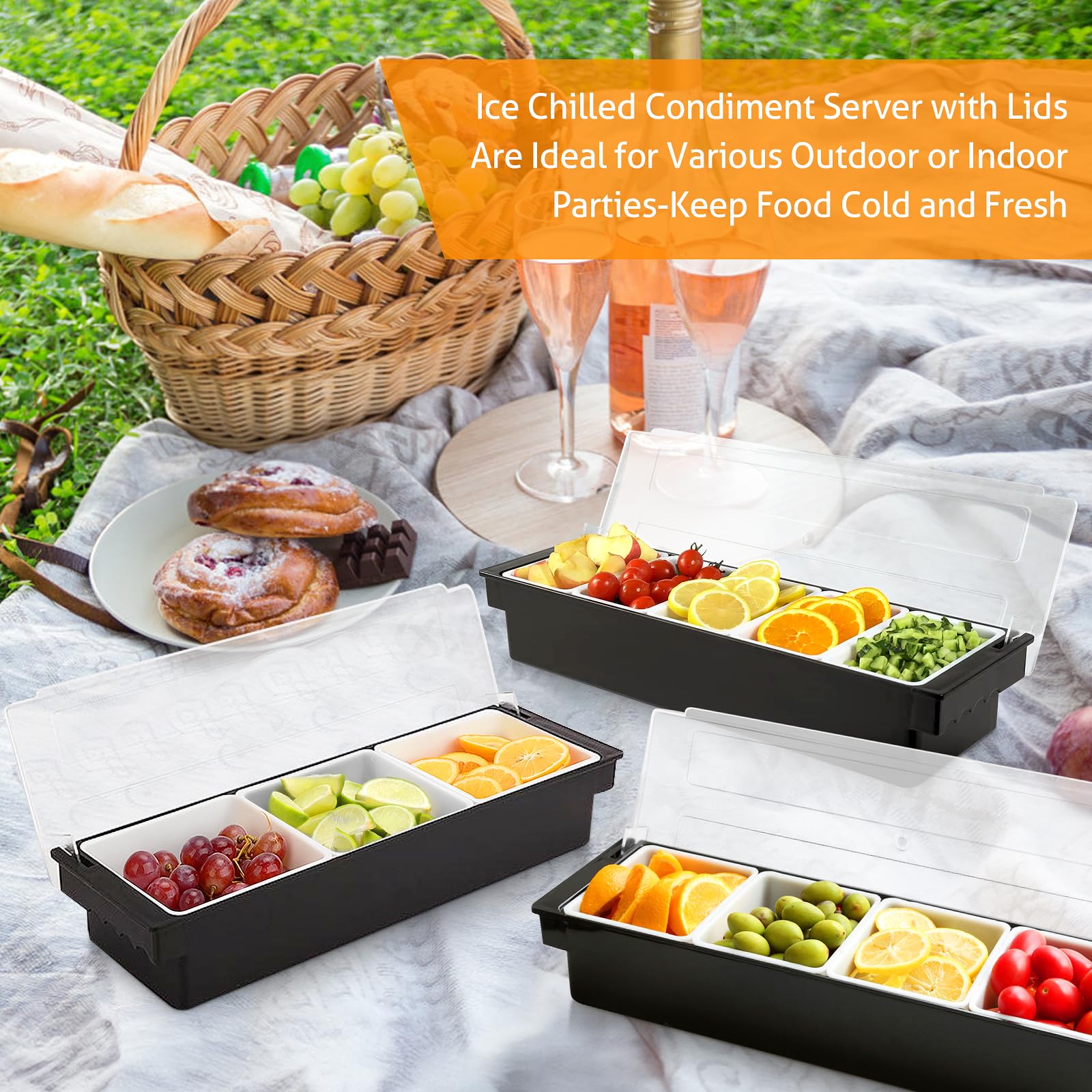 WICHEMI Fruit, Veggie & Condiment Caddy with Lid Dispenser Tray Plastic Garnish Station for Bartending & Serving Taco, Ice Cream, Salad Bar - Topping Organizer for Restaurant Supplies (3 Compartment)