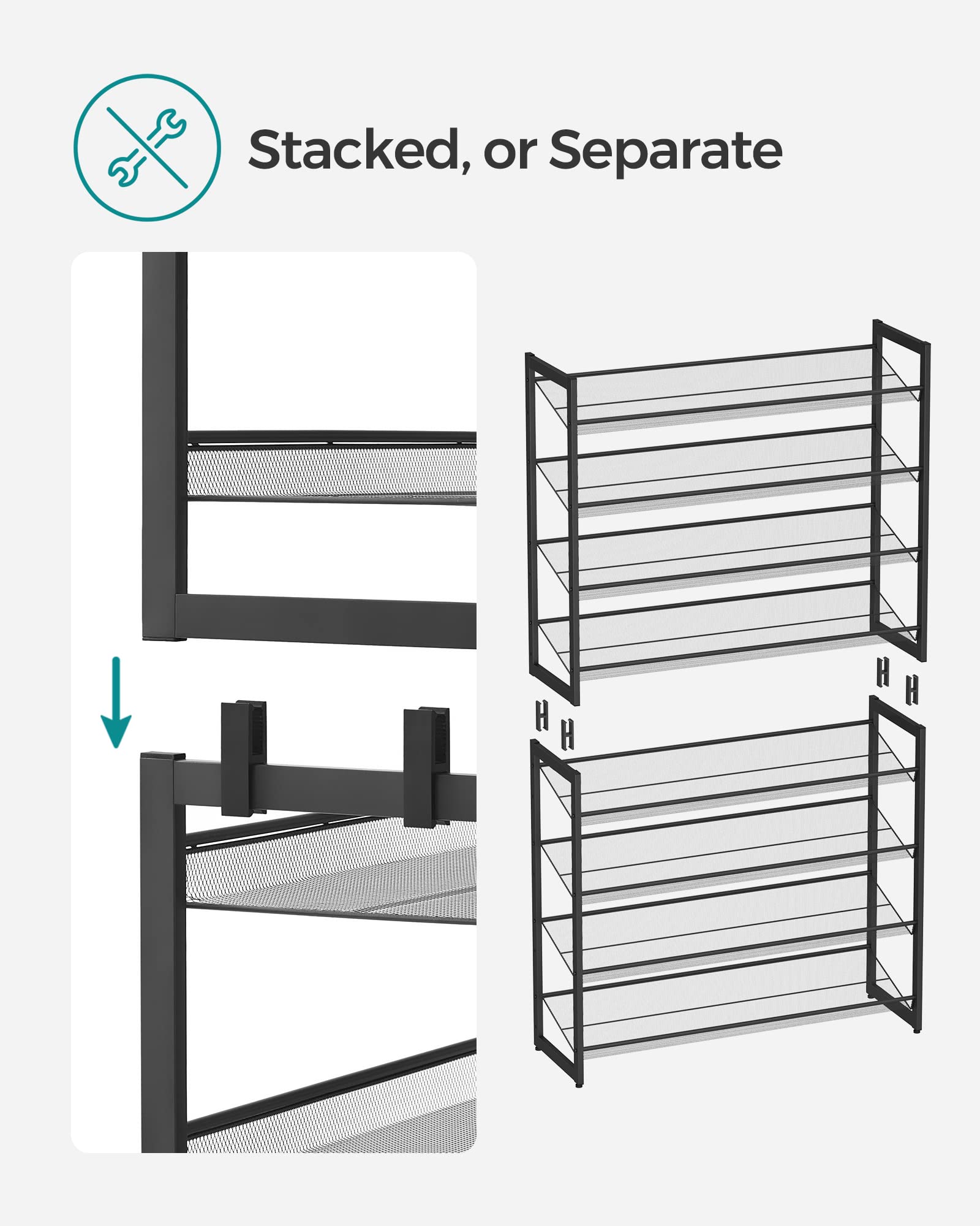 SONGMICS Shoe Rack, 8-Tier Shoe Organizer, Metal Shoe Storage for Garage, Entryway, Set of 2 4-Tier Stackable Shoe Shelf, with Adjustable Flat or Angled Shelves, Holds 32-40 Pairs, Black