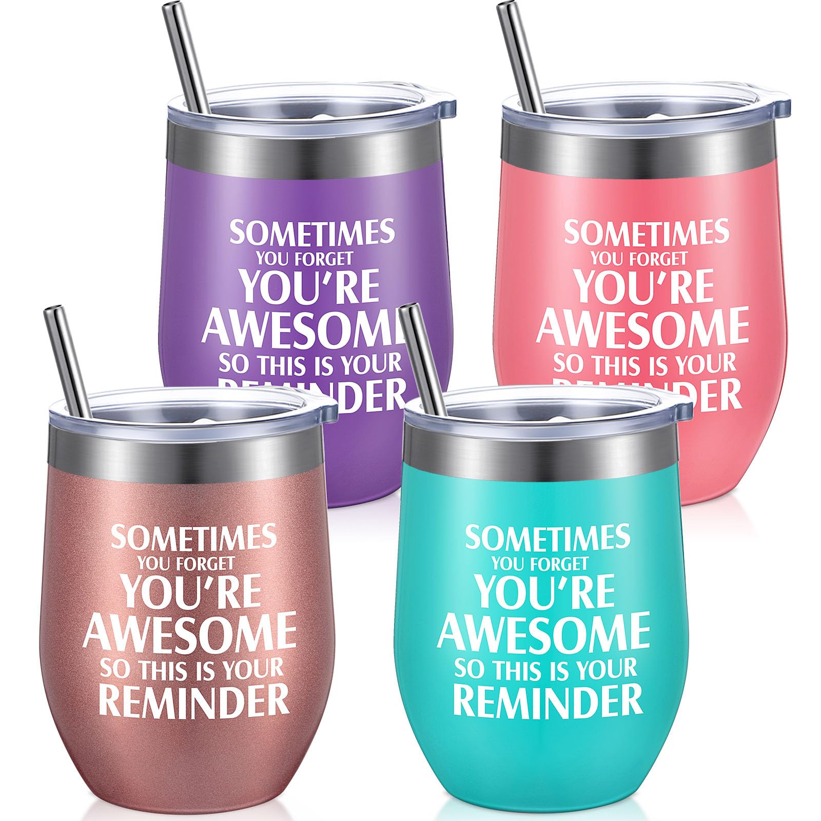 Sieral 4 Pcs Thank You Gifts for Women Appreciation Wine Tumbler Staff Employee Teacher Inspirational Birthday Graduation Are Awesome with Straw Stainless Steel Insulated 12 oz, Multicolor