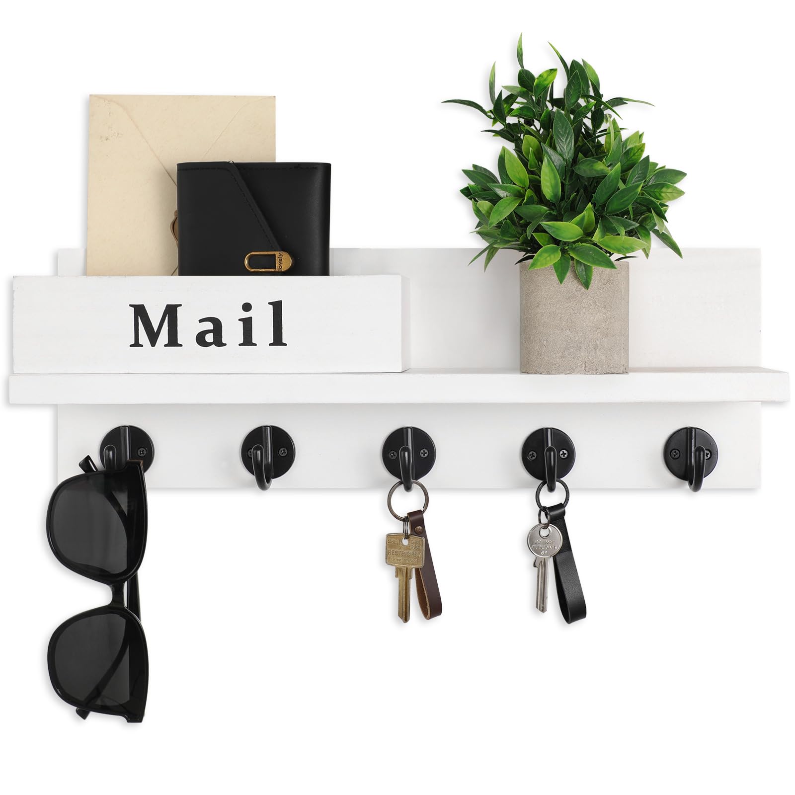 Nekon Key Holder for Wall - 15.7" x 5.3" x 3.5" Decorative Mail Organizer Wall Shelf with Hooks - Sturdy Paulownia Wood with 5 Thick Hooks for Rustic Home Décor (White)