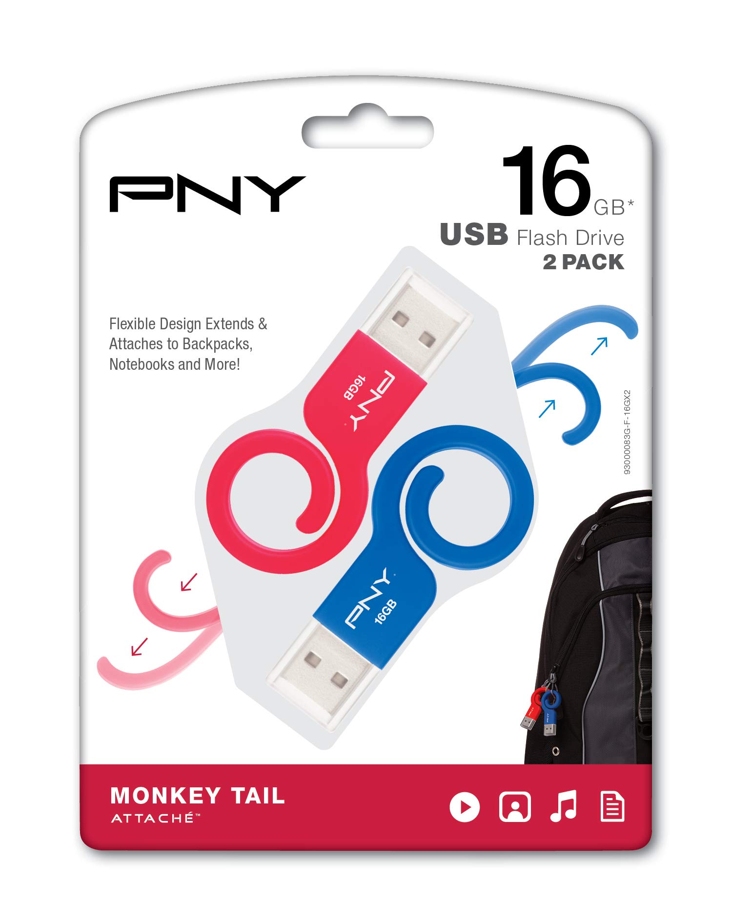 PNY 16GB Monkey Tail USB 2.0 Flash Drive, 5-Pack