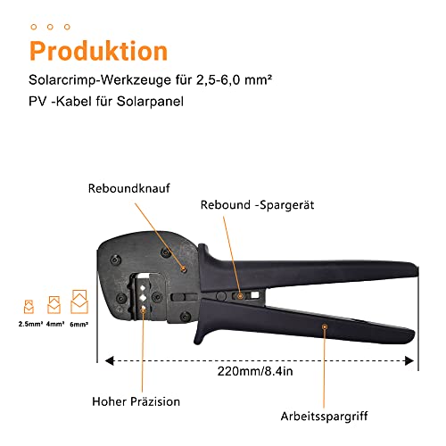 Solar PV Cable Crimping Tool for Solar Connectors, AWG14/12/10/8, 2.5/4/6/10mm2, Solar Crimper (black)