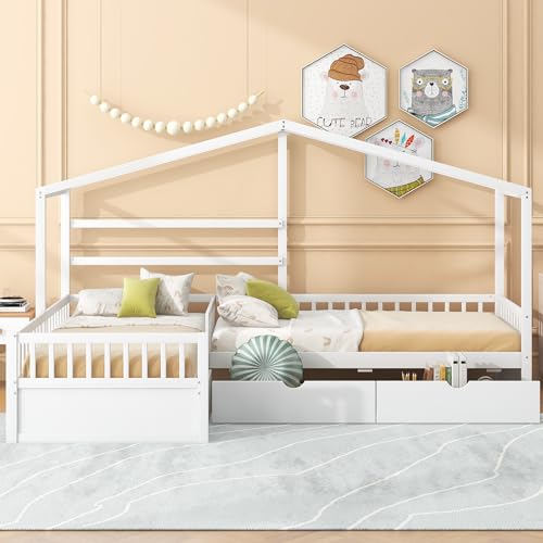 PRNDOLE Twin Size House Platform Bed with 3 Storage Drawers,L Shape Platform Beds for Children,White