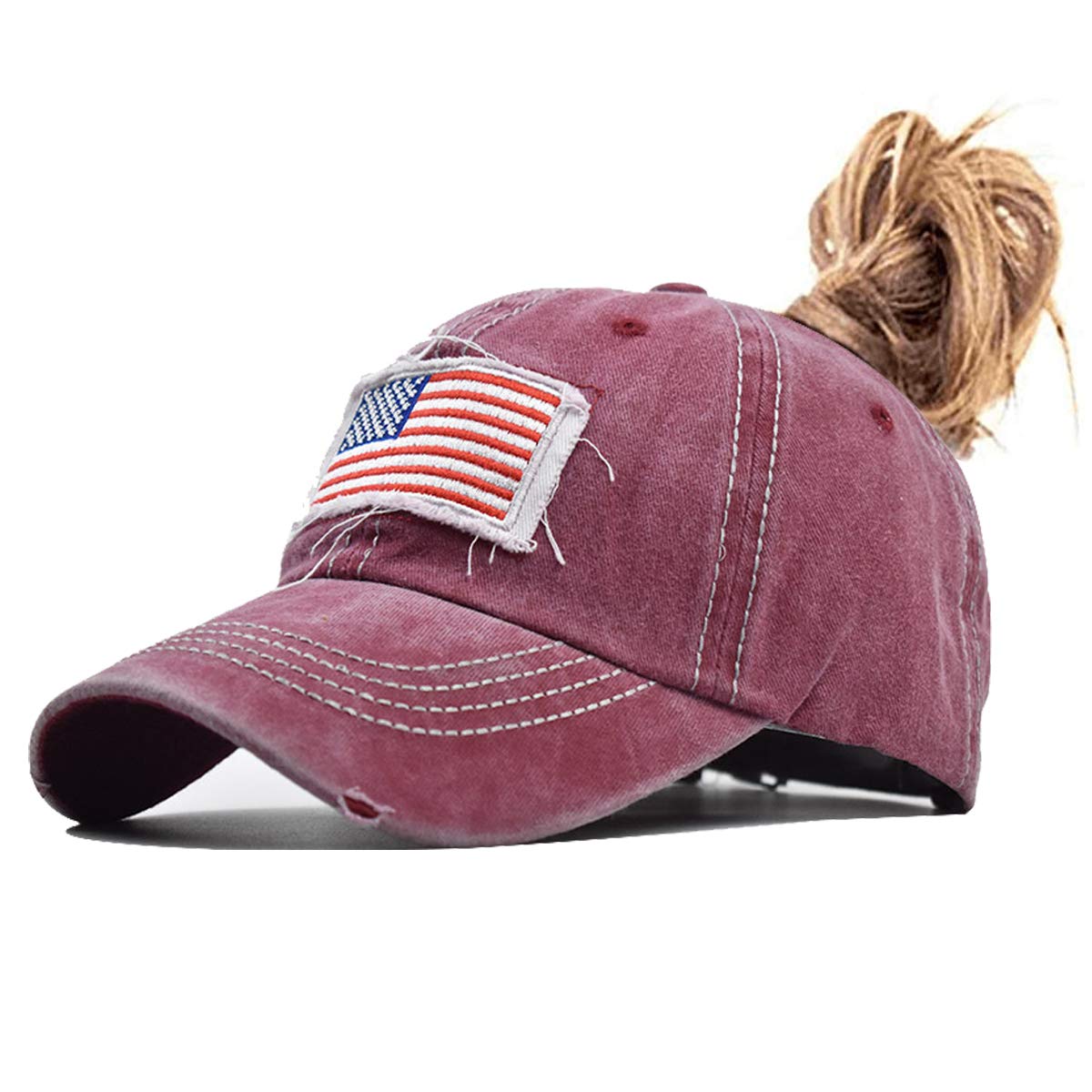 RNFENQS Women's American Flag Ponytail Baseball Cap Adjustable Distressed Dad Hat Pink