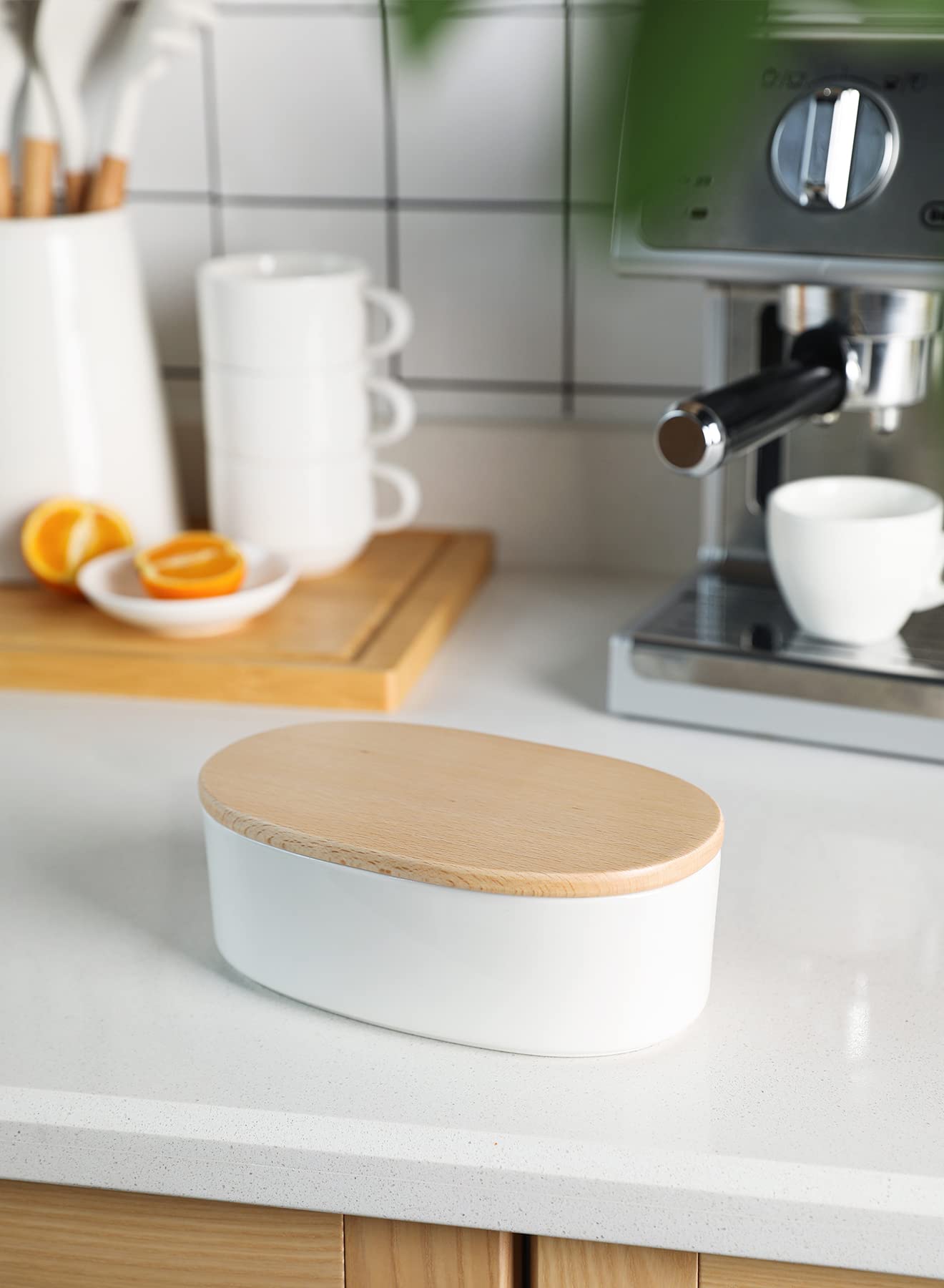 Sweese 331.101 Airtight Butter Dish, Oval Butter Dish with Lid for Countertop - Large Butter Keeper Container - Butter Dishes with Cover for 2 Stick of Butter - Housewarming, Kitchen Gift- White
