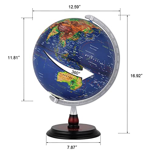 TUFFIOM 13 inch World Globe, Illuminated Spinning Earth Globe Display Nightlight with AR teaching and LED Night Light, Lamp ABS Sphere Wooden Base