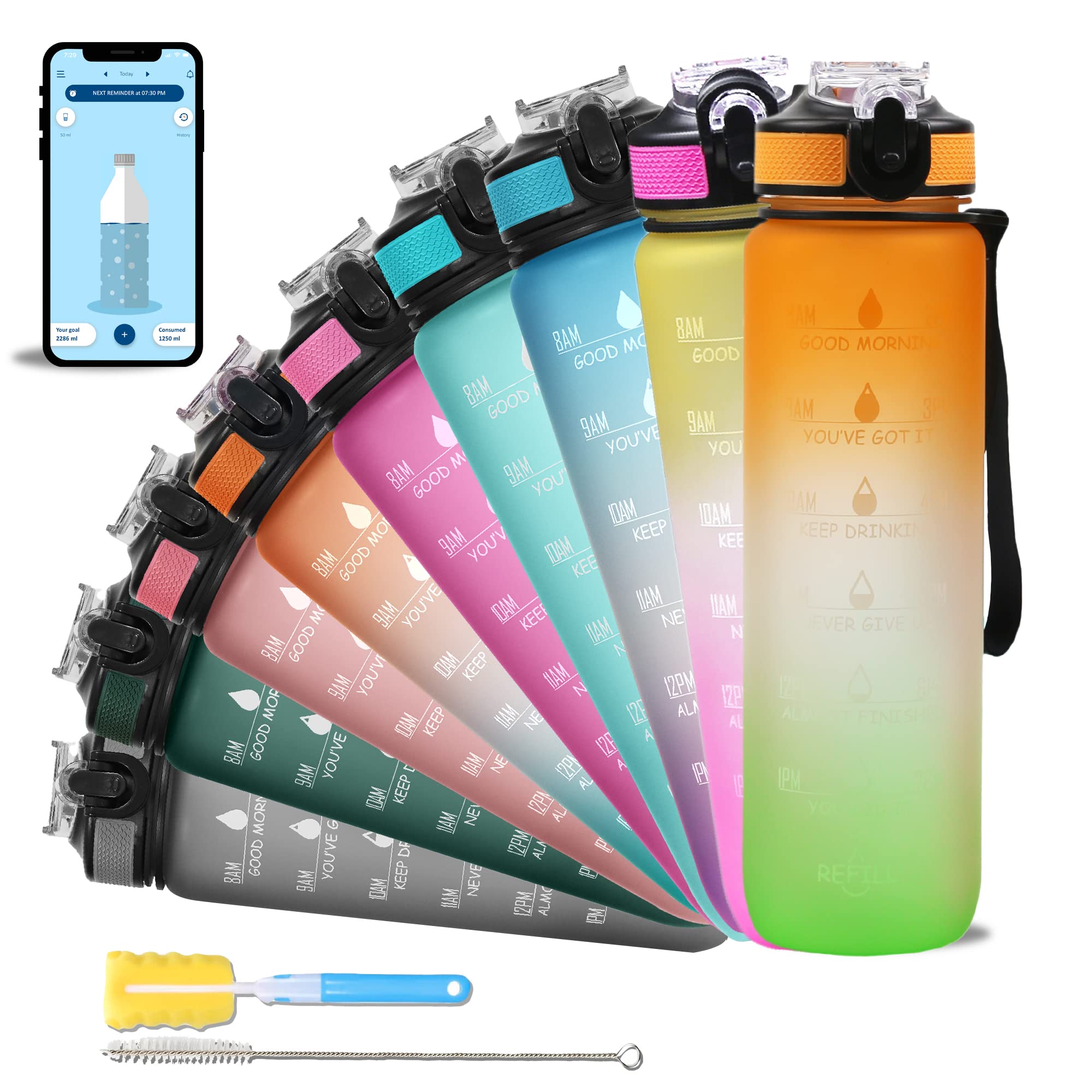 SOLARA Motivational Water Bottle with Straw, Water bottles with time to drink, 32oz water bottle BPA free, Large water bottle with straw, Large Water bottles with times to drink | Orange White Green
