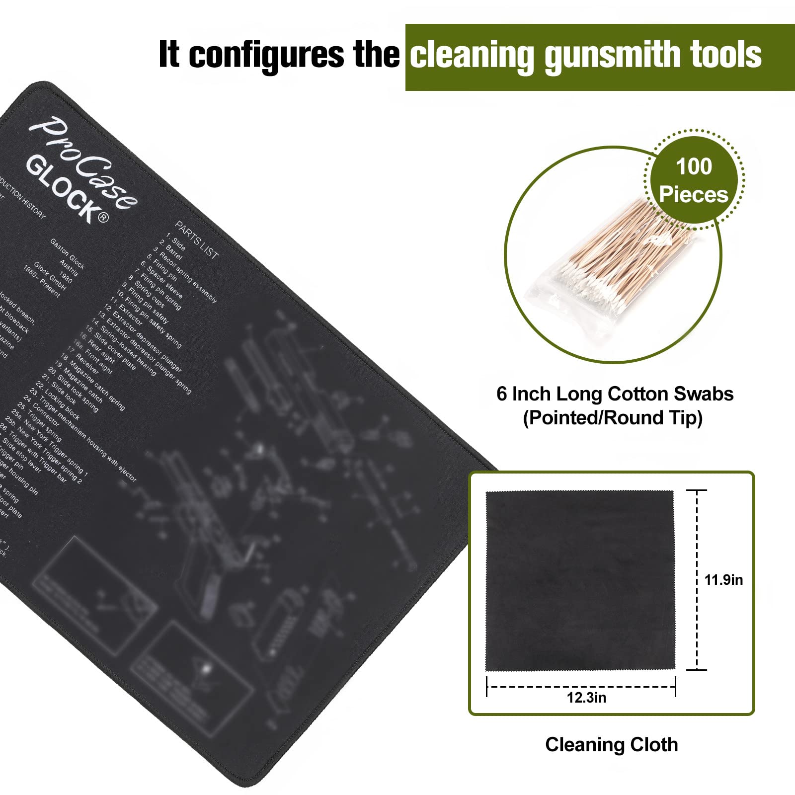 ProCase Gun Cleaning Mat with Cotton Swabs and Cleaning Cloth, Pistol Gunsmith Maintenance Tools Oil-Resistant Anti-Slip Printing Mat, 11.3” x 17.3”, Black