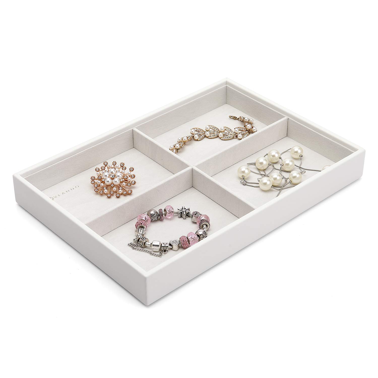Vlando Jewelry Tray - Faux Leather Glass-top Jewelry Storage Organizer - Earring Necklace Bracelet Ring Display Desktop Drawer Chest, 4-Layer w/Clear Lid, White