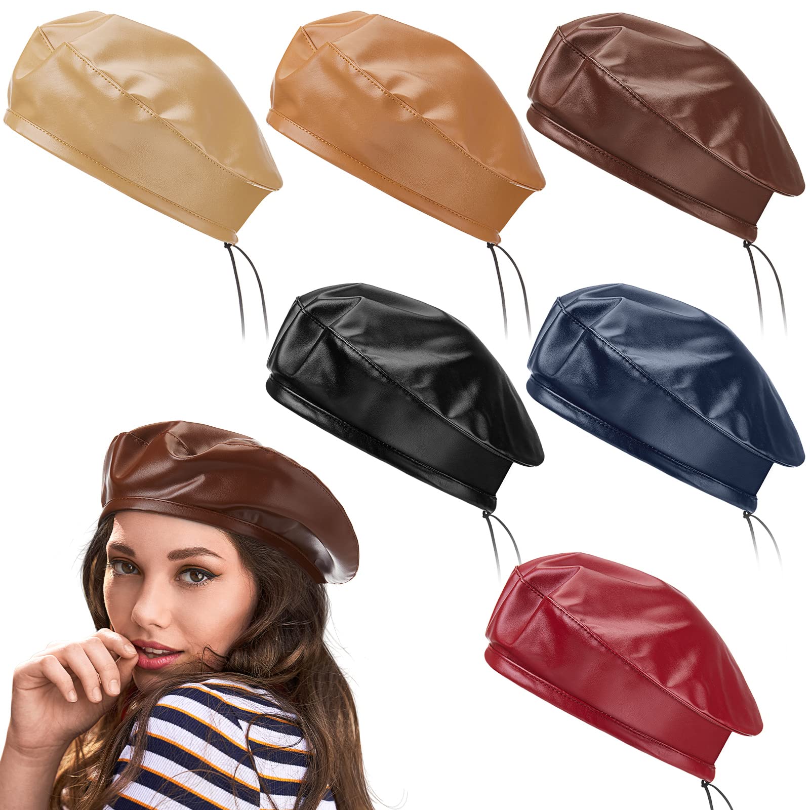 Yahenda 6 Pieces Women Beret Hat PU Leather Beret French Beret Hat Adjustable Artist Painter Cap Causal Beanie for Ladies and Girls