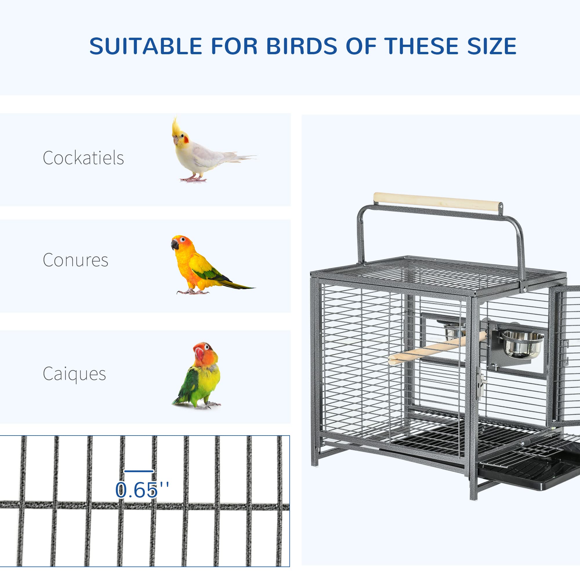 PawHut 18" Heavy Duty Wrought Iron Travel Bird Cage Carrier with Handle Perch and Accessories - Black