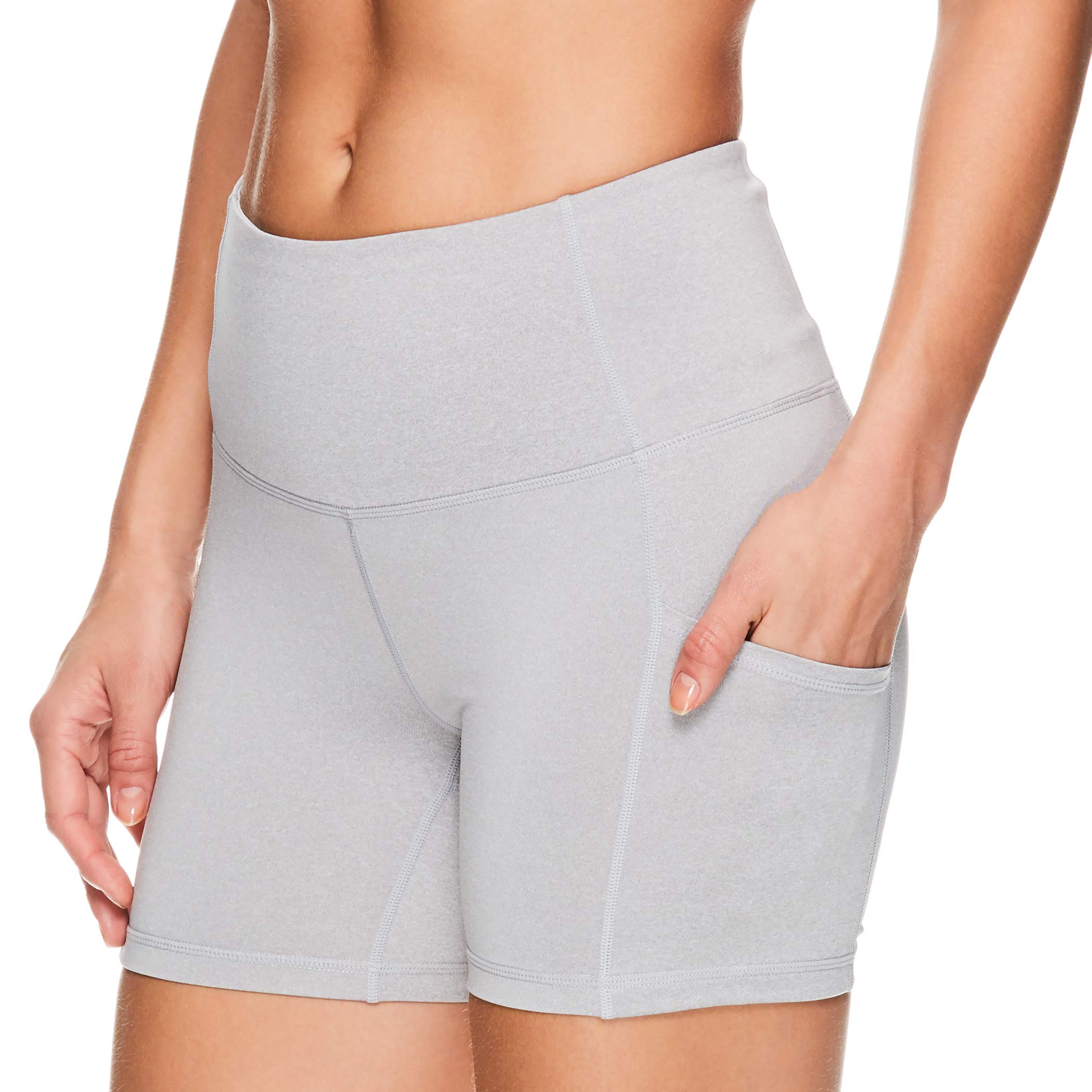Reebok Women's Compression Running Shorts with Phone Pocket - High Waisted Performance Workout Short - 5 Inch Inseam - High Rise Grey Heather, Large