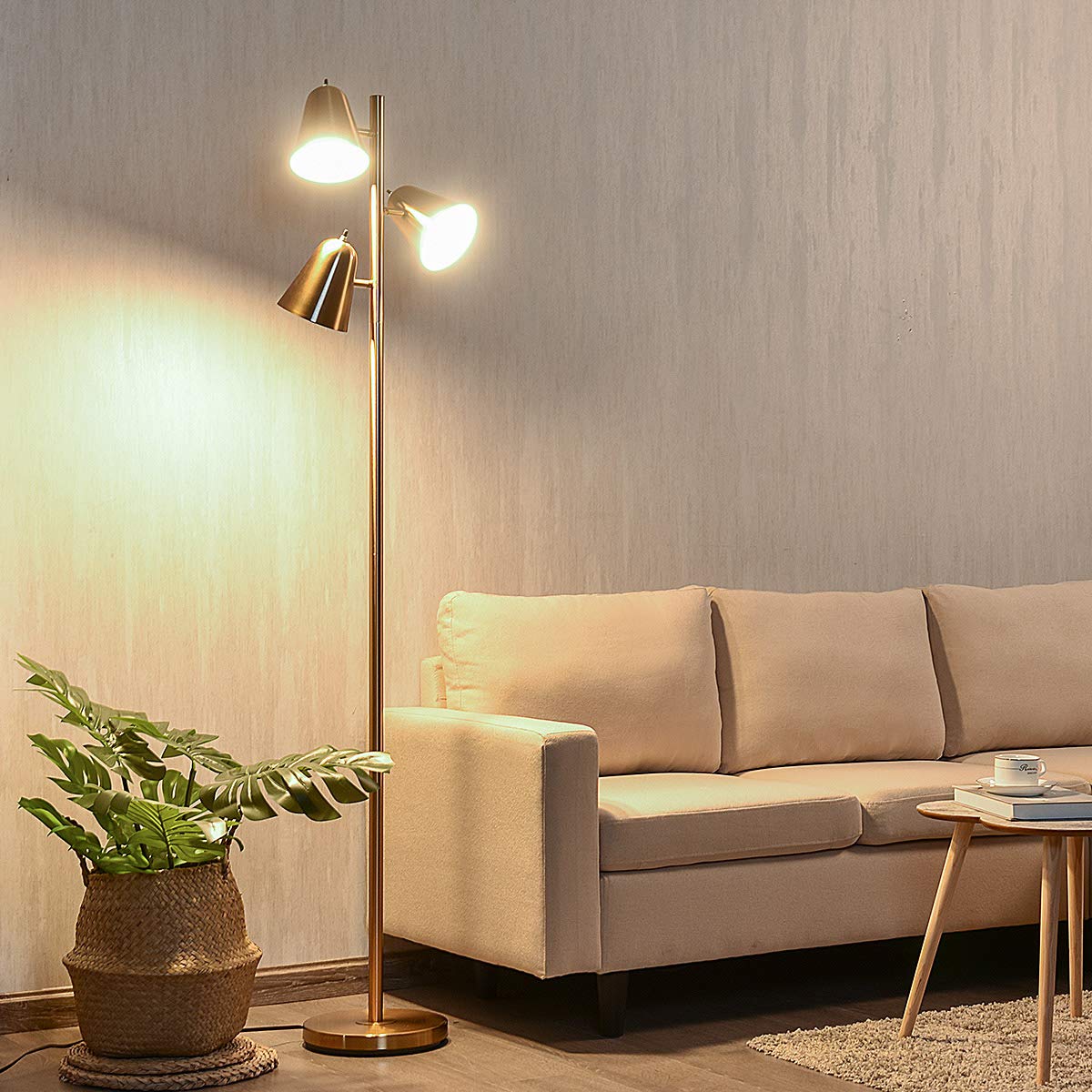 Tangkula 3-Light Floor Lamp, 64β Mid Century Modern Standing Tall Pole Lamp with 3 LED Bulbs and Adjustable Heads, Reading Light for Living Room Bedroom, 360 Lighting (Antique Brass)