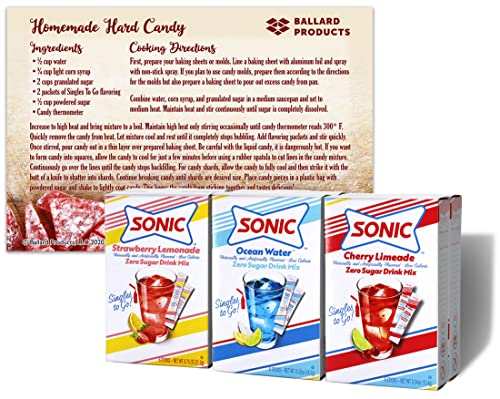 Sonic Singles to Go Variety Pack of 6-2 Boxes Each - Cherry Limeade, Strawberry Lemonade and Ocean Water - Bundle with Ballard Products Hard Candy Recipe Card