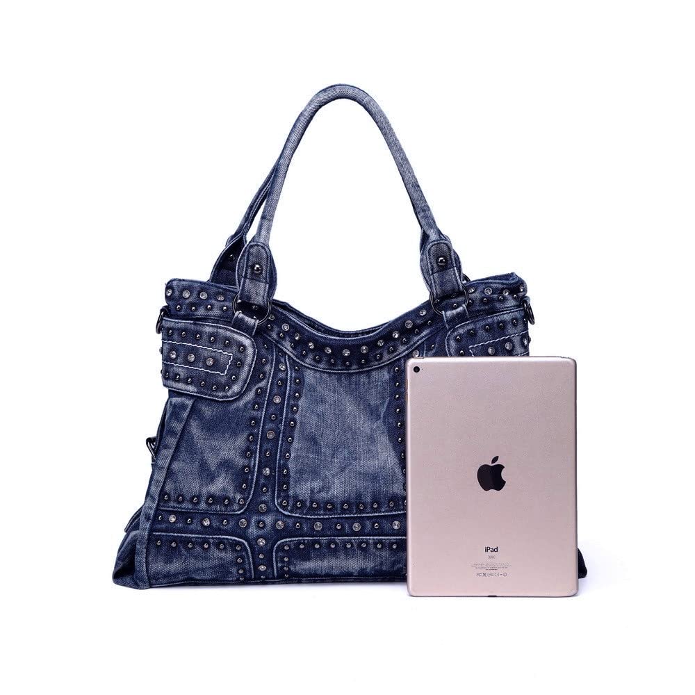Women's Denim Casual Hobo Bag - Distressed Jeans Large-capacity Shoulder Bags for Daily Use Office Travel (Blue)