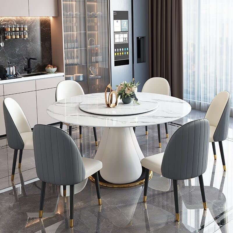 Runboll 59" Sintered Stone Round Dining Table with Detachable Lazy Susan Modern Dinner Table with 31.5" Round Turntable, PU Leather and Metal Pedestal(Not Included Chairs)
