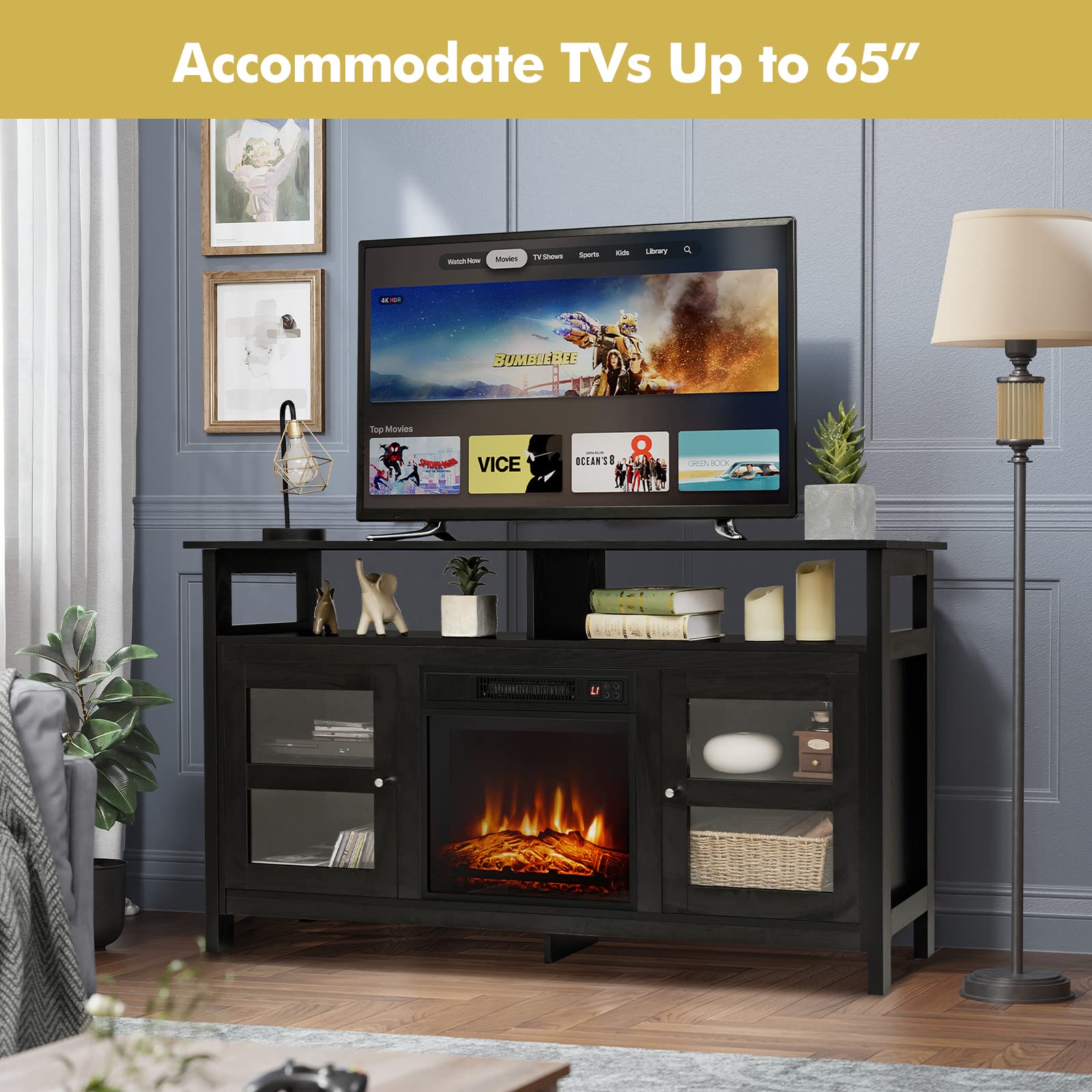 Tangkula Fireplace TV Stand for TVs up to 65 Inches, with 18 Inches 1400W 5,000 BTU Electric Fireplace with Built-in Thermostat, 6H Timer, Adjustable Flame & Heat, Remote Control (Black)