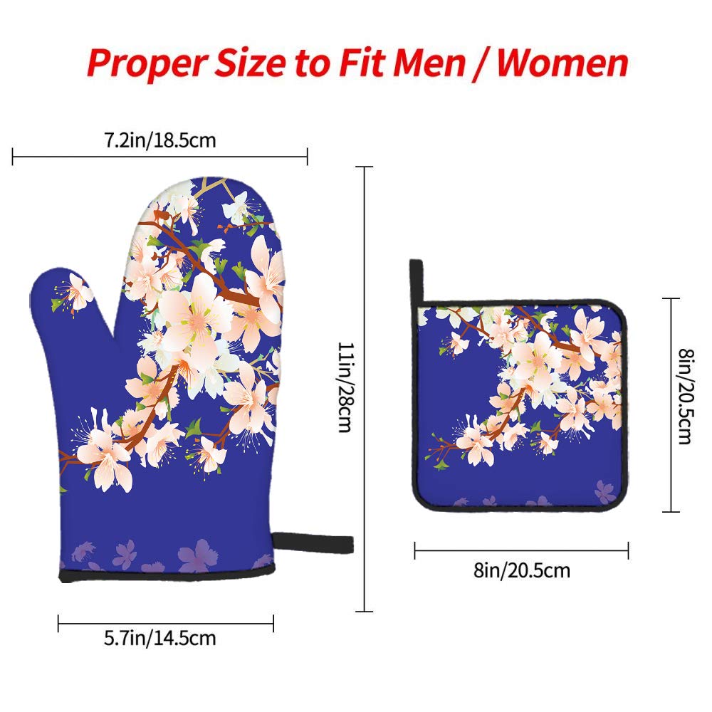 Swono White Floral Oven Mitts and Pot Holders Sets,Peach Tree with Flower in The Blue Background Kitchen Cooking Gloves Heat Resistant Baking for BBQ Grilling