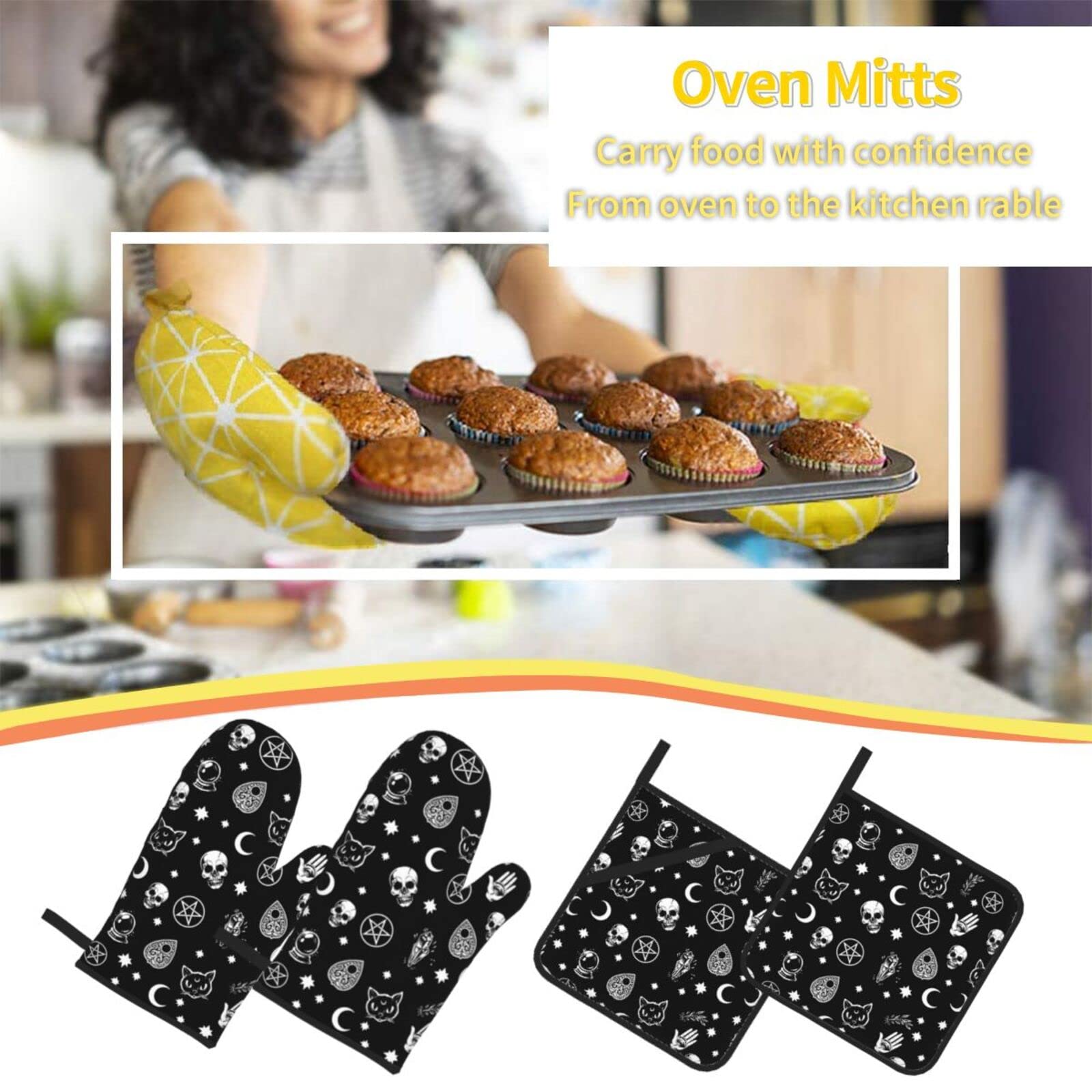 Skull Cat Moon Gothic Pattern Oven Mitts and Pot Holders 4 Pcs Sets Heat Resistant Gloves for Kitchen BBQ Cooking Baking Grilling