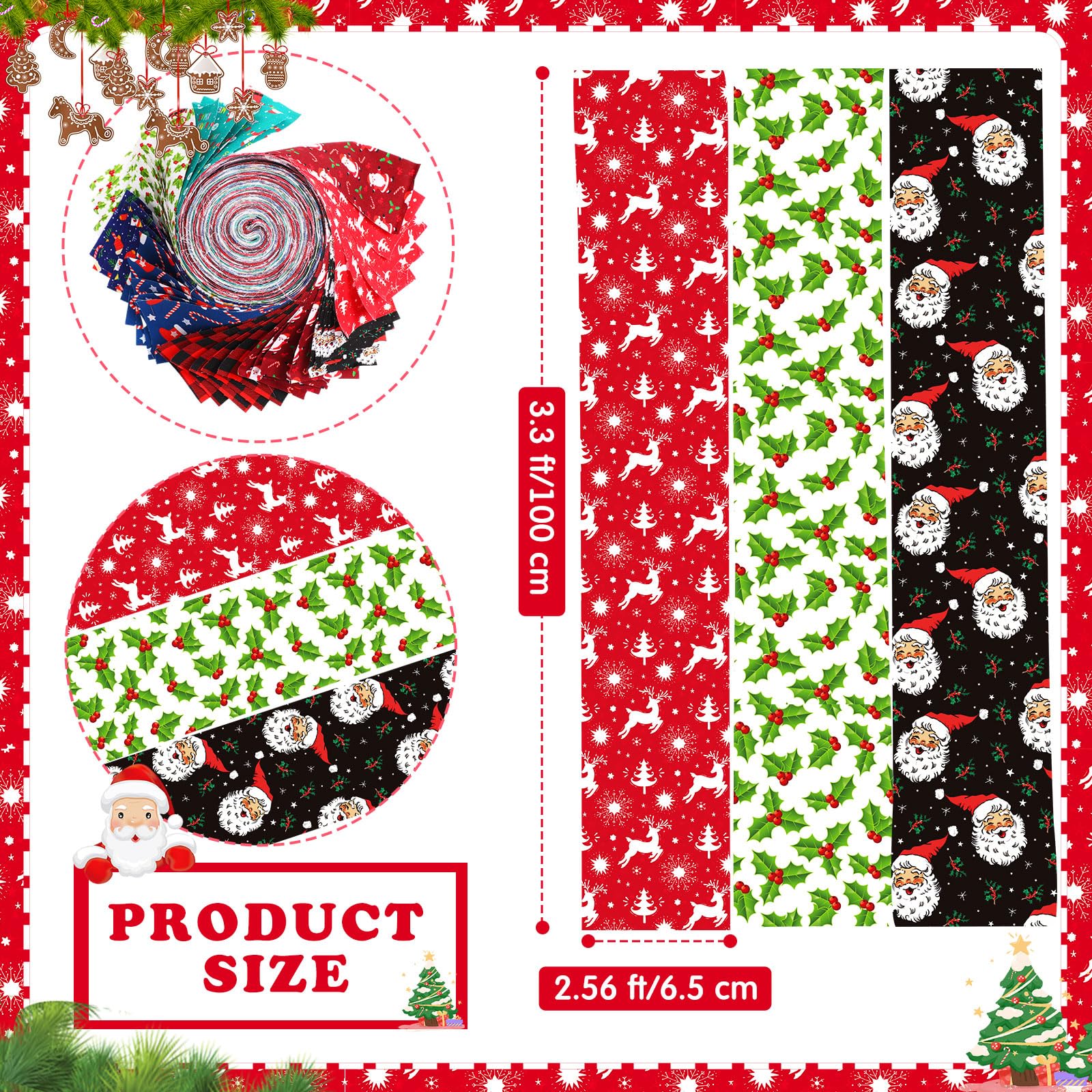 Panelee 40 Pcs Christmas Jelly Cotton Fabric Quilting Roll Pre Cut Fabric Strips Cute Stitched Fabric Strips Rolls Christmas Fabric Craft Patchwork for Handmade Material Favor, 39.37 x 2.6 Inch