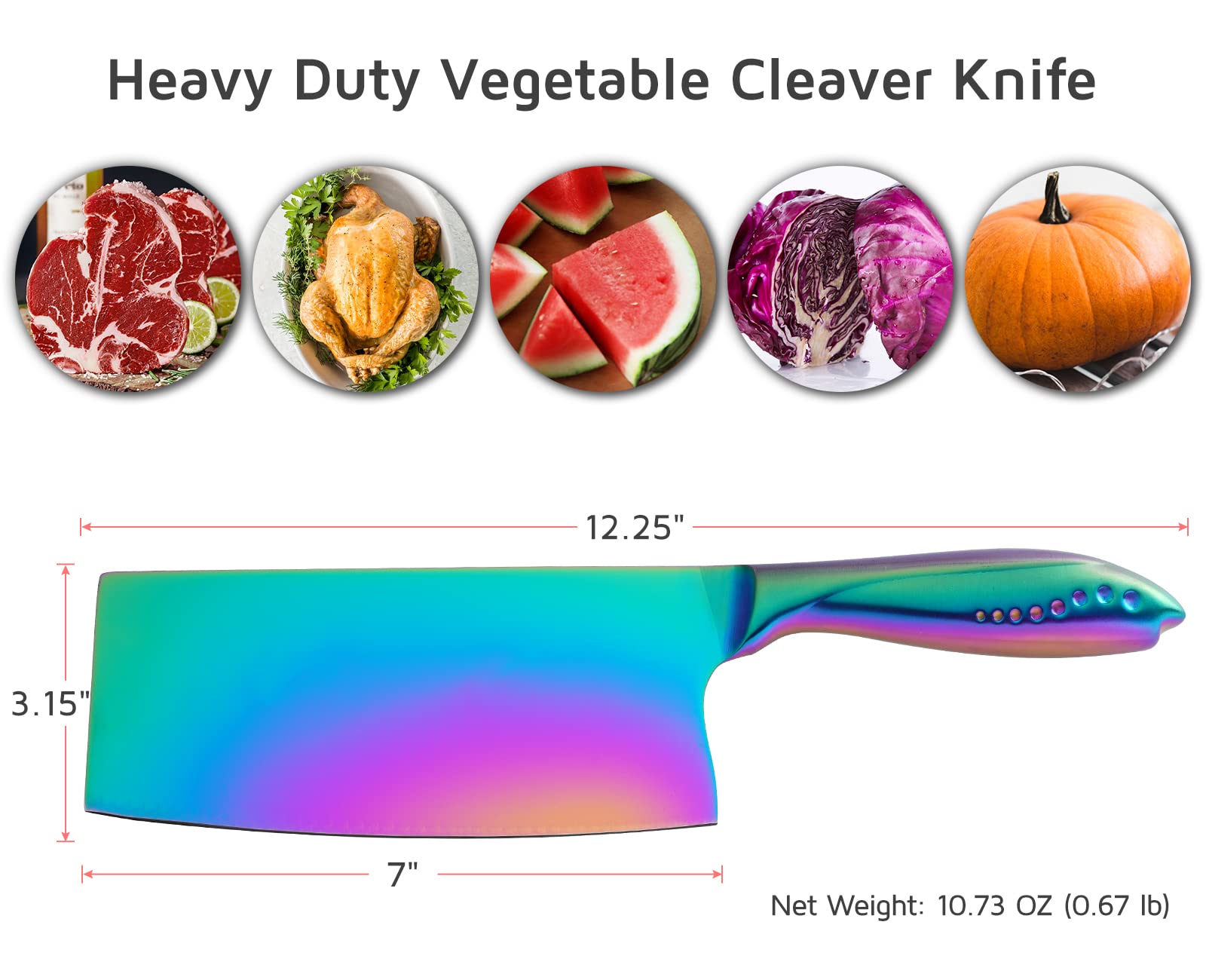 WELLSTAR Rainbow Meat Cleaver, 7 inch Iridescent Chinese Meat Vegetable Butcher Knife, Super Sharp German High Carbon Stainless Steel Chef’s Kitchen Knife with Ergonomic Handle for Home Restaurant