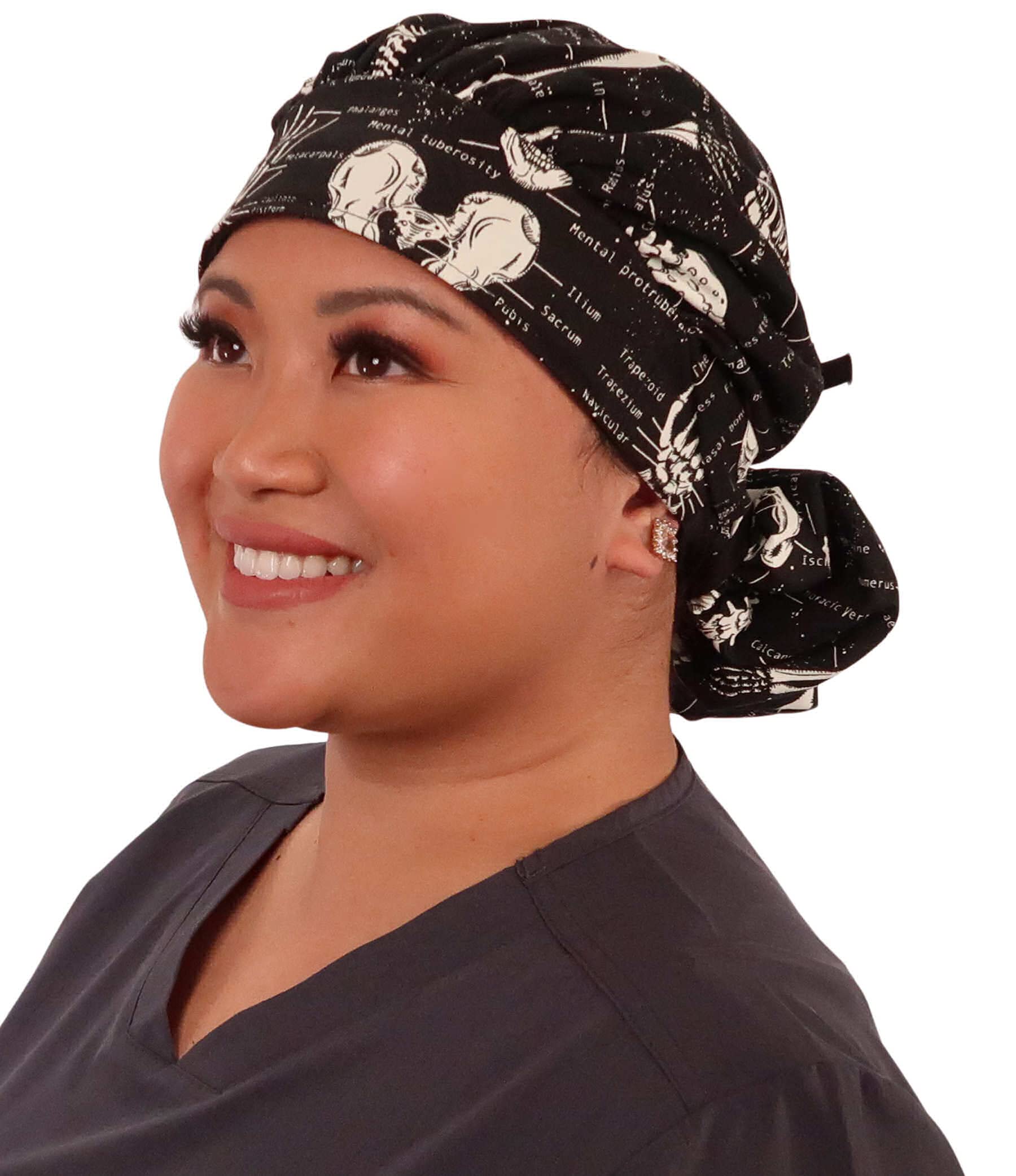 Sparkling EARTH Human Body Skeleton (Glow in The Dark) Banded Bouffant Ponytail Classic Surgical Style Scrub Working Cap - Made in The USA!