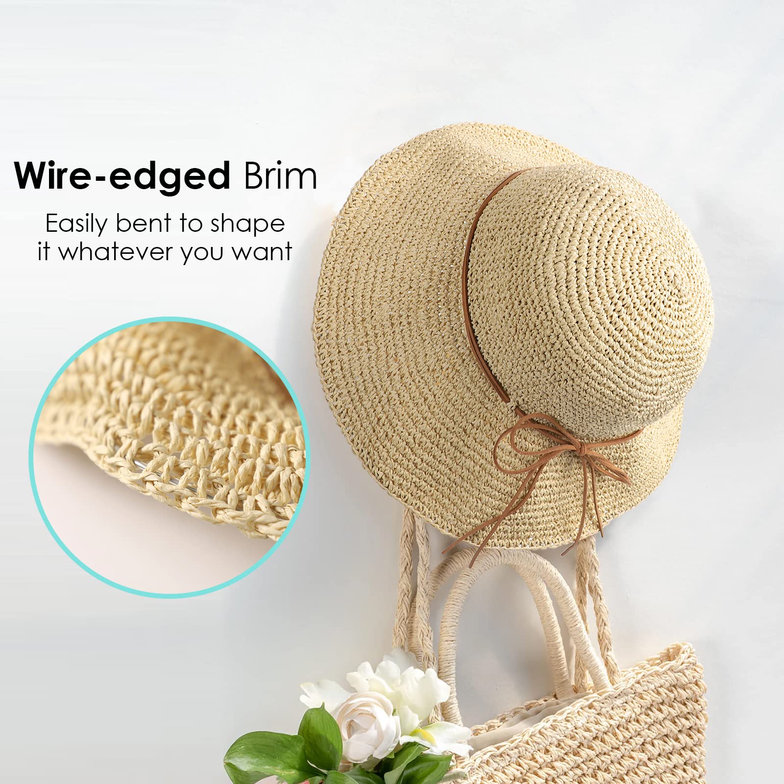 Women's Foldable Straw Sun Hat Wide Brim UPF 50+ Crochet Summer Floppy Beach Hat Beige