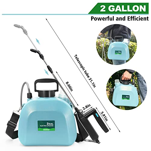 SideKing Battery Powered Garden Sprayer 2 Gallon, Upgrade Powerful Electric Sprayer with 3 Mist Nozzles, Retractable Wand, Rechargeable Handle with Adjustable Shoulder Strap for Lawn & Garden