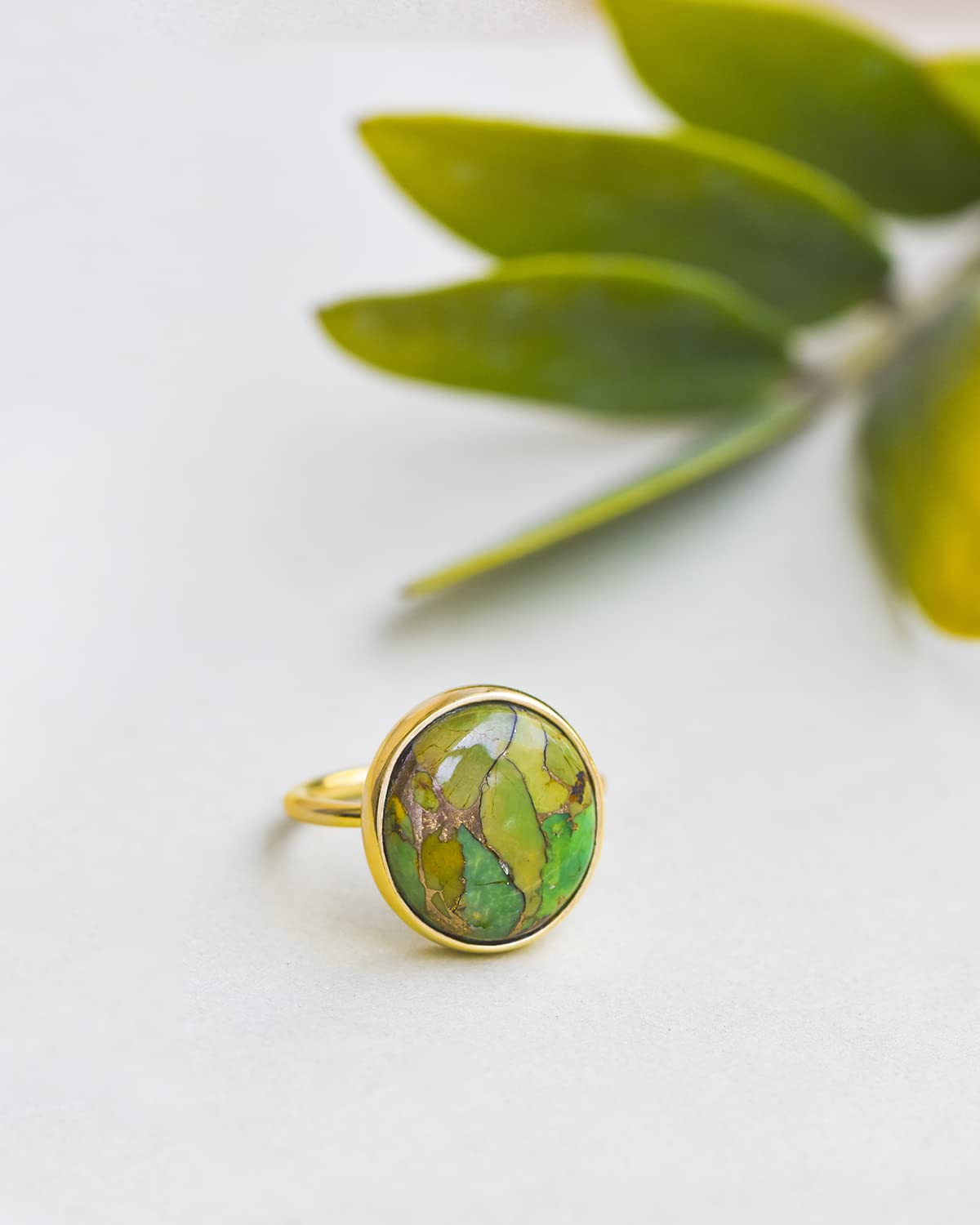 YoTreasure 13x14 MM Green Copper Turquoise Solitaire Ring 14k Gold Over 925 Silver