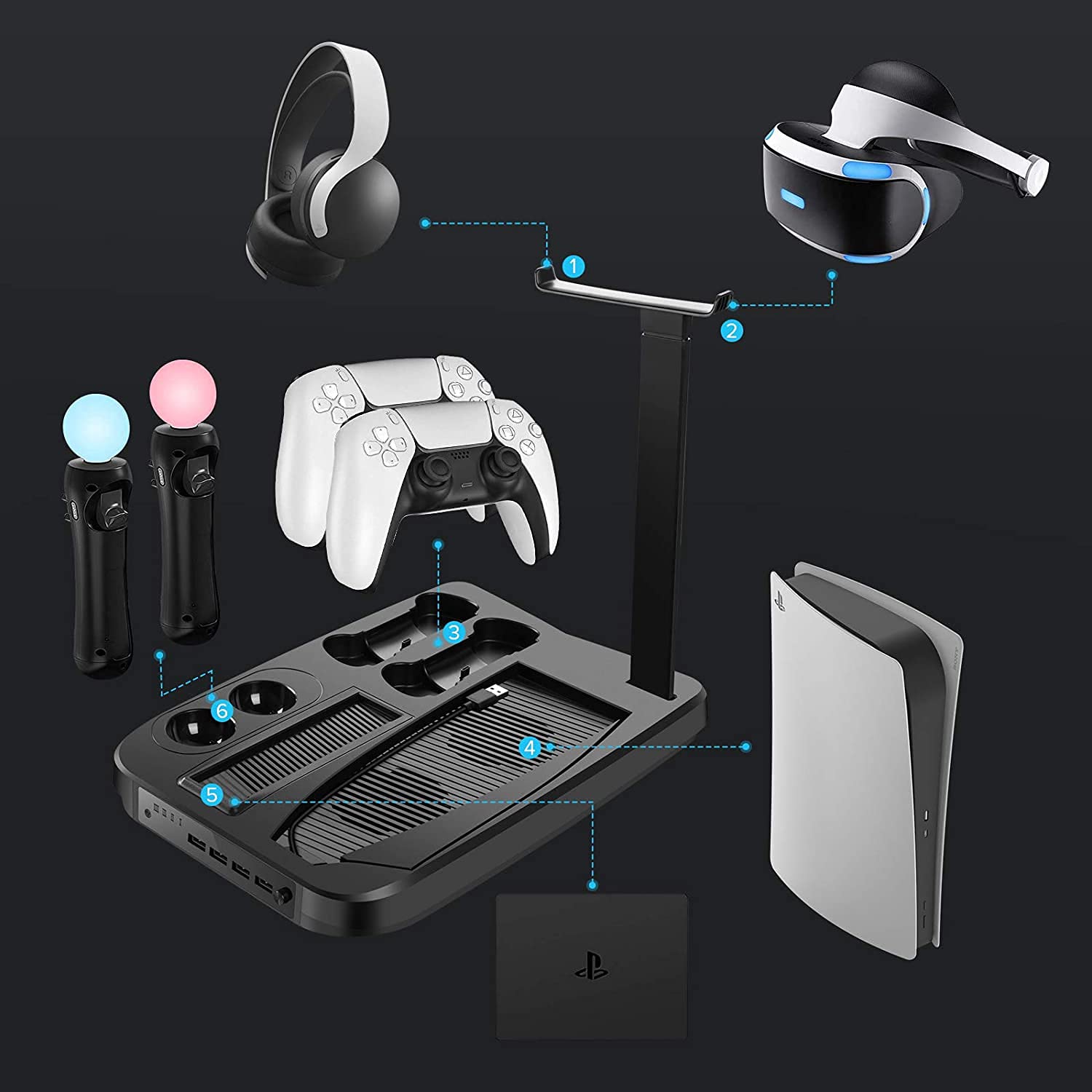 PS5 Charging Stand for Playstation 5/PS5 Ultra HD with Cooling Fan/P-Move Controller Charger/P-VR 1/2 Converter Storage Stand,PS5 Vertical Station Dock with 4 Controller Chargers Game Storage