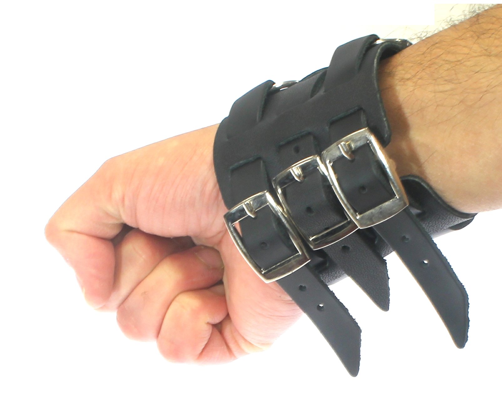 Neptune Giftware Wide Triple Strap Leather Cuff Wrap Gothic Wristband Bracelet With Buckle Fastening - BLACK LEATHER