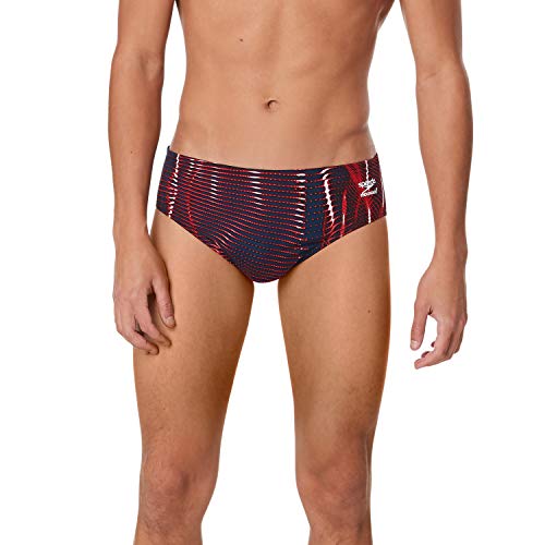 Speedo Men's Standard Swimsuit Brief Endurance+ Printed Team Colors, Solar Red/White/Blue, 38