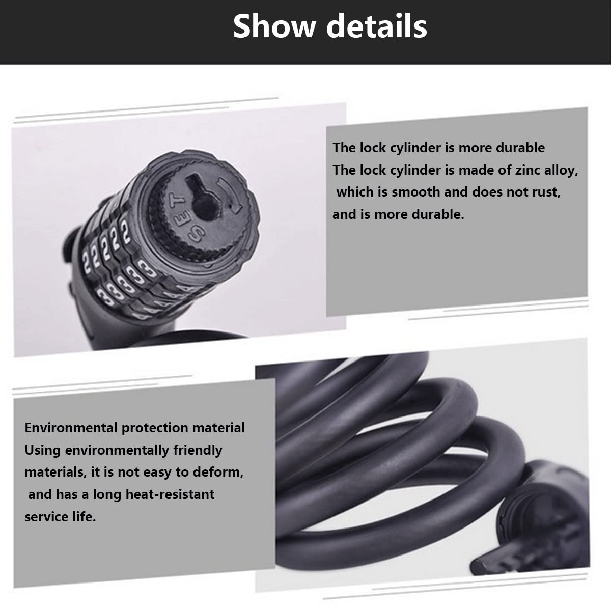 UFFD Bike Lock Cable 5-Digit Resettable Combination Self Coiling Combination Bicycle Lock with Free Bike Cable Lock Mounting Bracket Bike Lock (Color : Black, Size : 11.9mm*1500mm)