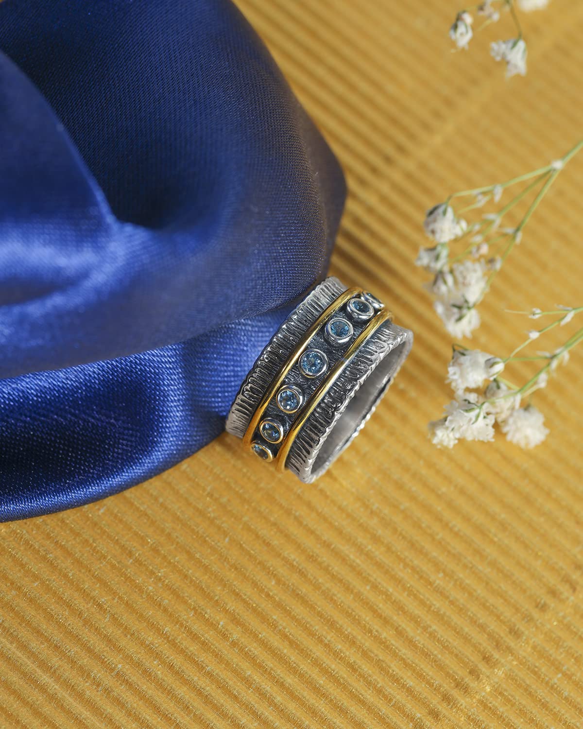 YoTreasure London Blue Topaz Oxidized 925 Sterling Silver Brass Spinner Ring