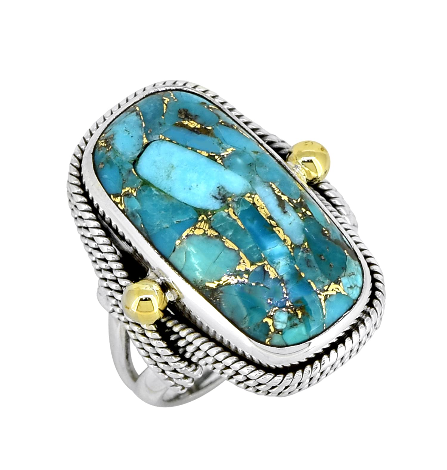 YoTreasure Blue Copper Turquoise Solid 925 Sterling Silver Brass Statement Ring Jewelry