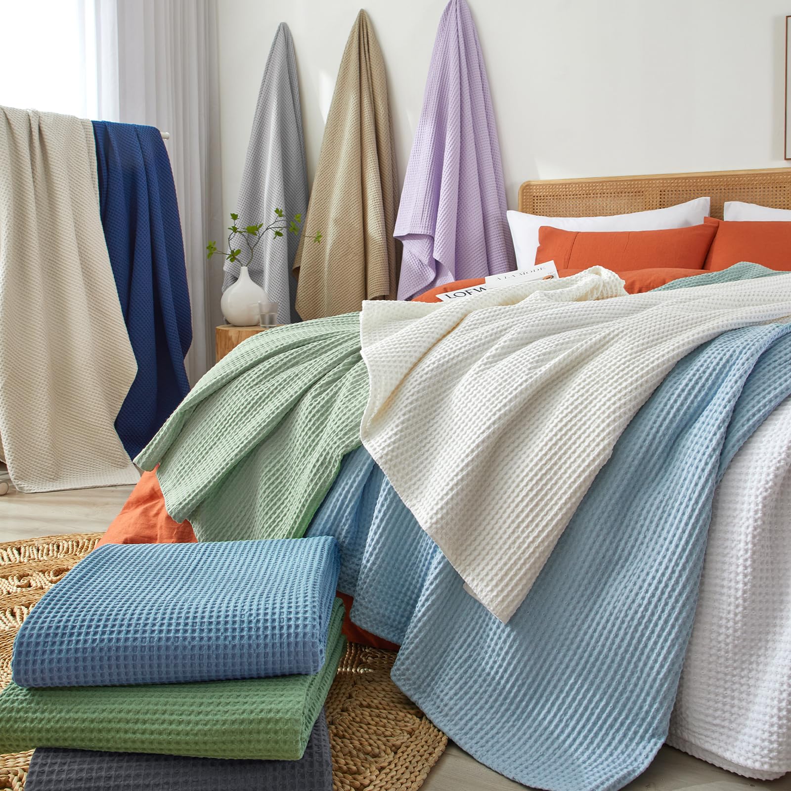 PHF 100% Cotton Waffle Weave Blanket King Size 104" x 90"-Lightweight Washed Soft Breathable Blanket Perfect for Summer -Great Blanket Layer for Couch Bed Sofa-Elegant Home Decoration - Cream