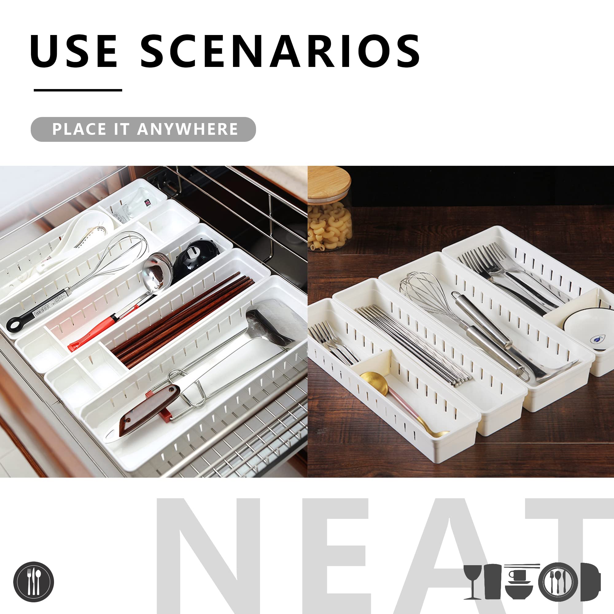 Sarajoye 4 - Piece Adjustable Flatware Cooking Utensil Organizer for Kitchen Drawers - Expandable 13 Slots Silverware Drawer Organizer Tray Holder for Organization Storage (2 Large + 2 Small, White)