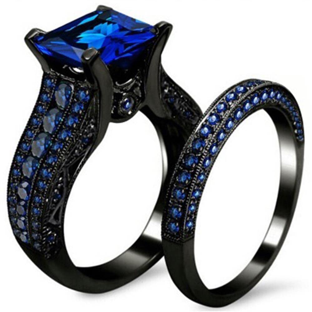 Women's Jewelry Black Gold Plated Princess Cut Blue CZ 2 Piece Wedding Engagement Rings Promise Bridal Set (US Code 5-12) (9)