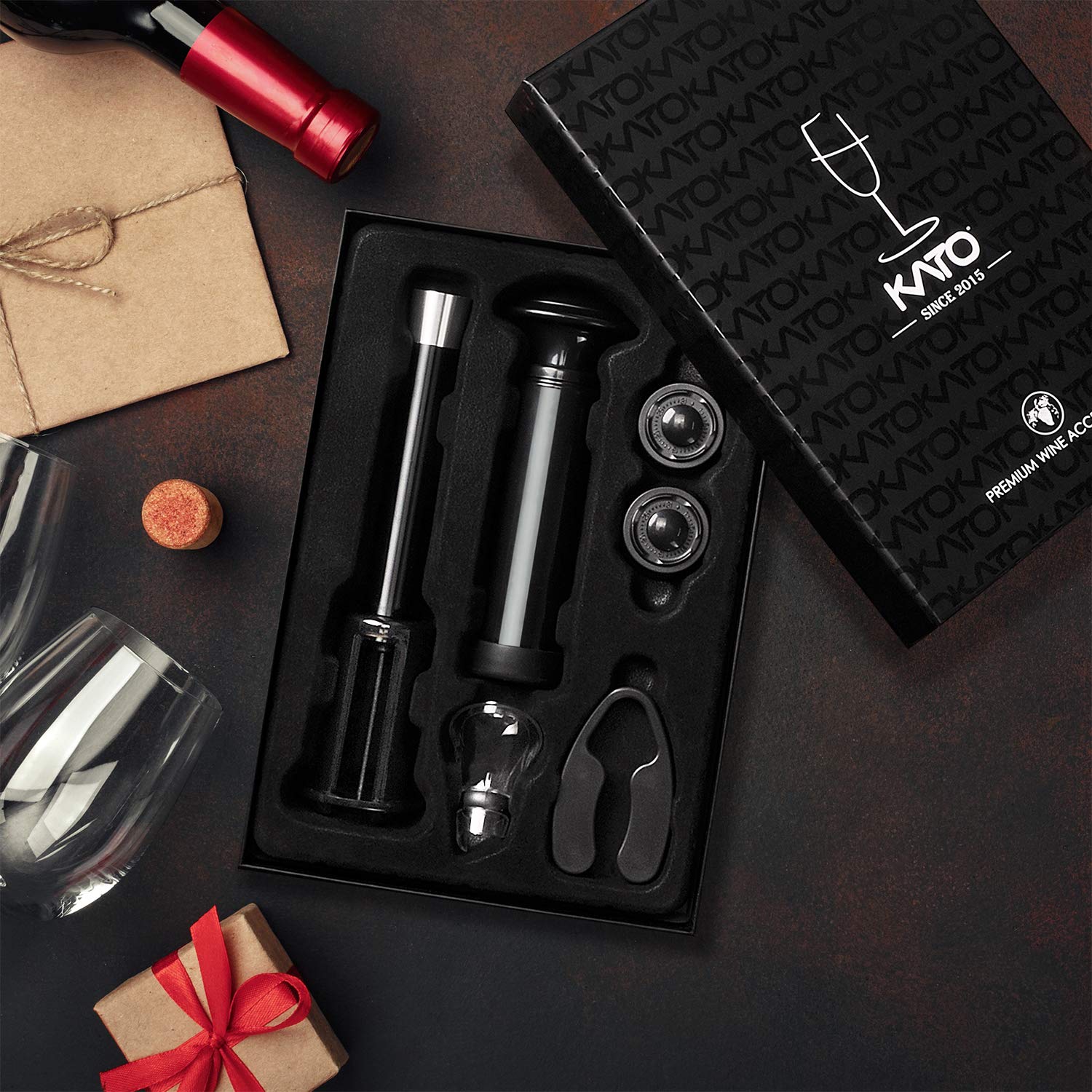 Wine Air Pressure Pump Opener Set, Tirrinia Wine Bottle Cork Remover Accessory Tool Kit with Wine Saver, 2 Vacuum Stoppers, Wine Pourer and Foil Cutter, Perfect Wine Lover Gifts, Silver