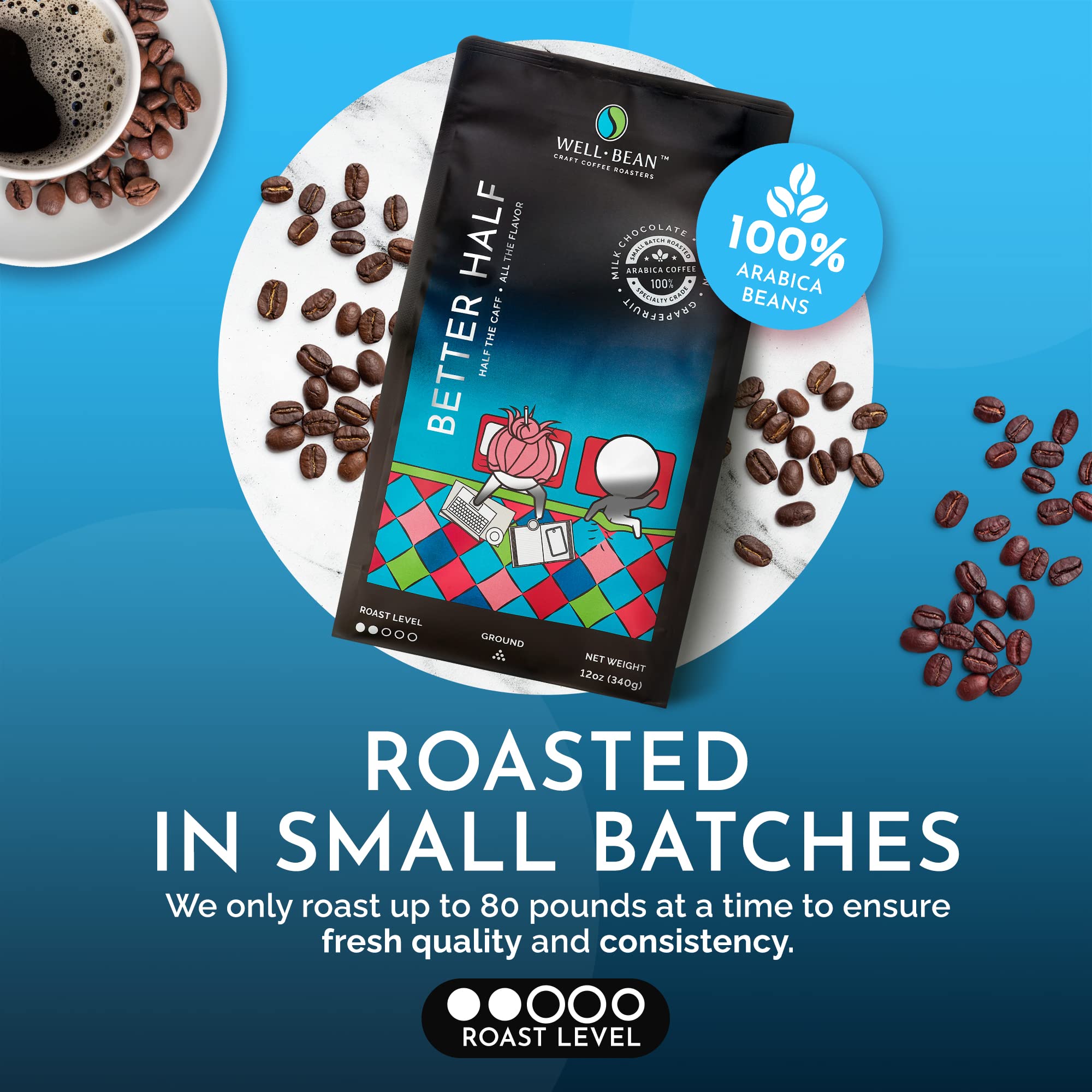 Well-Bean Coffee - Better Half Ground Coffee, Half Caff Coffee Blend, Swiss-Water-Processed Coffee Ground, Vegan Half Decaf Coffee Ground, Lightly Roasted Coffee, 12 oz