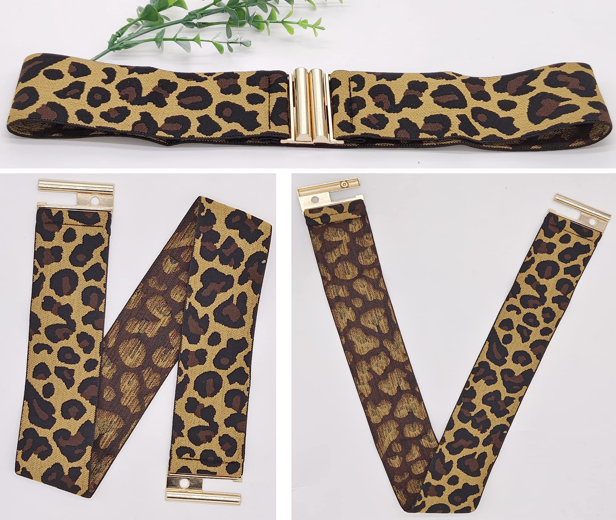 Women's Ladies Elastic Vintage Leopard Print Obi Belts Stretchy Retro PU Leather Waist Cinch Belt (Leopard Gold, Below 39")