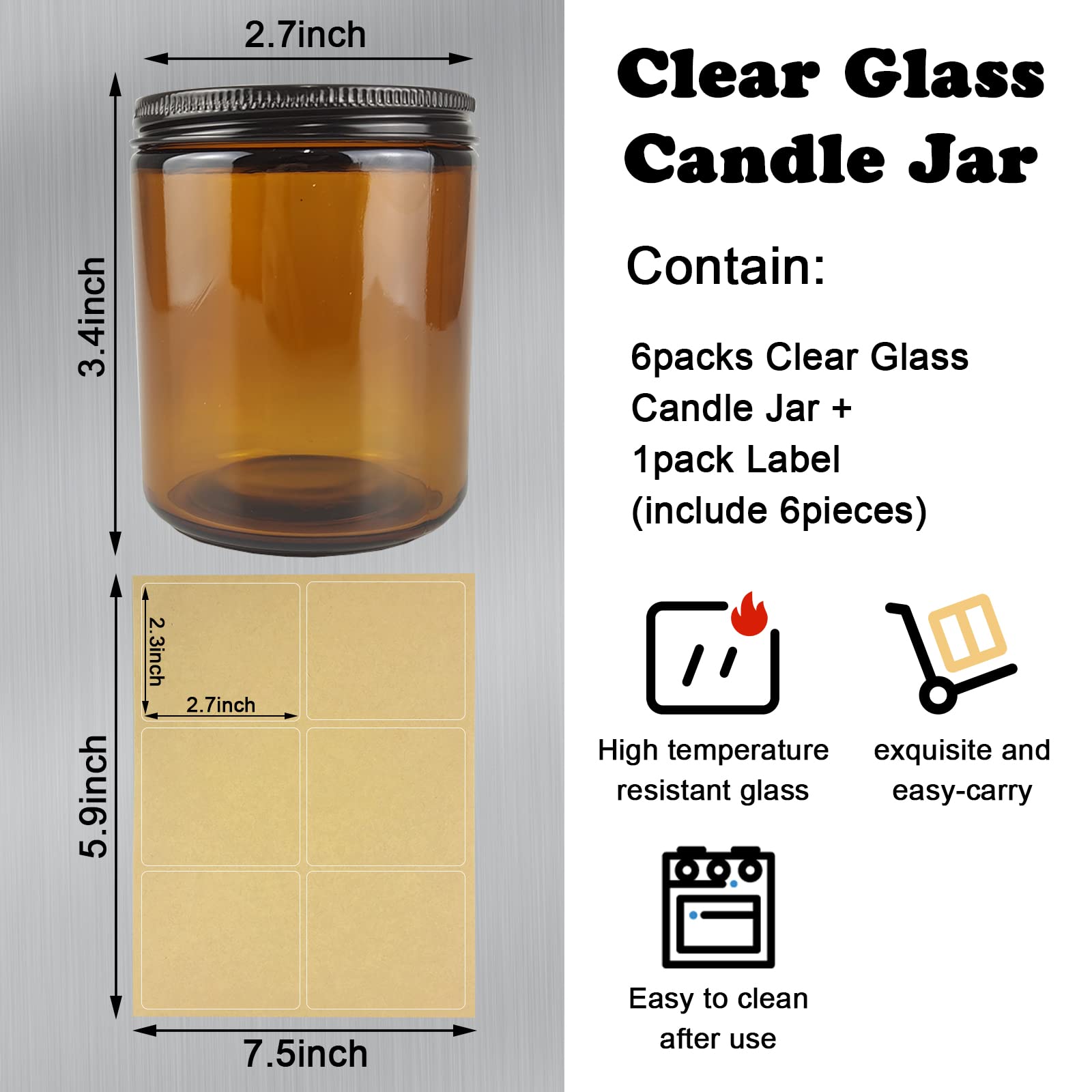 QMET 8 OZ Empty Candle Jars,6 Pack Glass Jars with Metal Lids and Kraft Labels Perfect for Candle Jars for Making Candles (Amber)