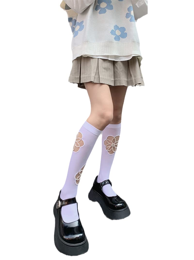 Sahabowi White Pearl Flower Handcraft Calf Socks For Women, Nylon Silk High Knee Stockings, Elastic Stretch Thin(HS2023042407white, 1pair)