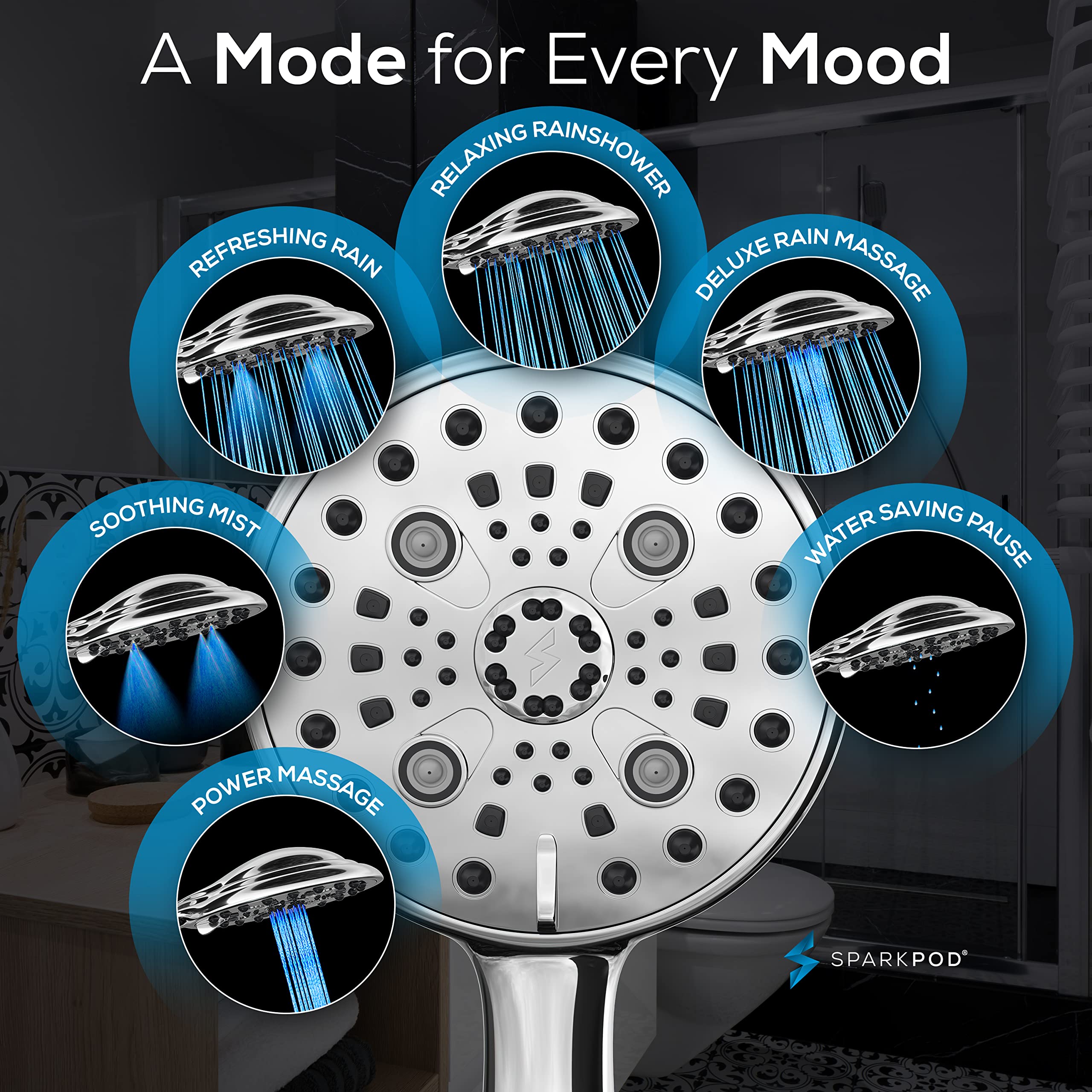 SparkPod 6 Spray Setting High Pressure Hand Held Shower Head - 6" Wide Angle Handheld Shower Head Set with Brass Swivel Ball Bracket and 70 Inch Long Hose - Luxury Design (Luxury Polished Chrome)