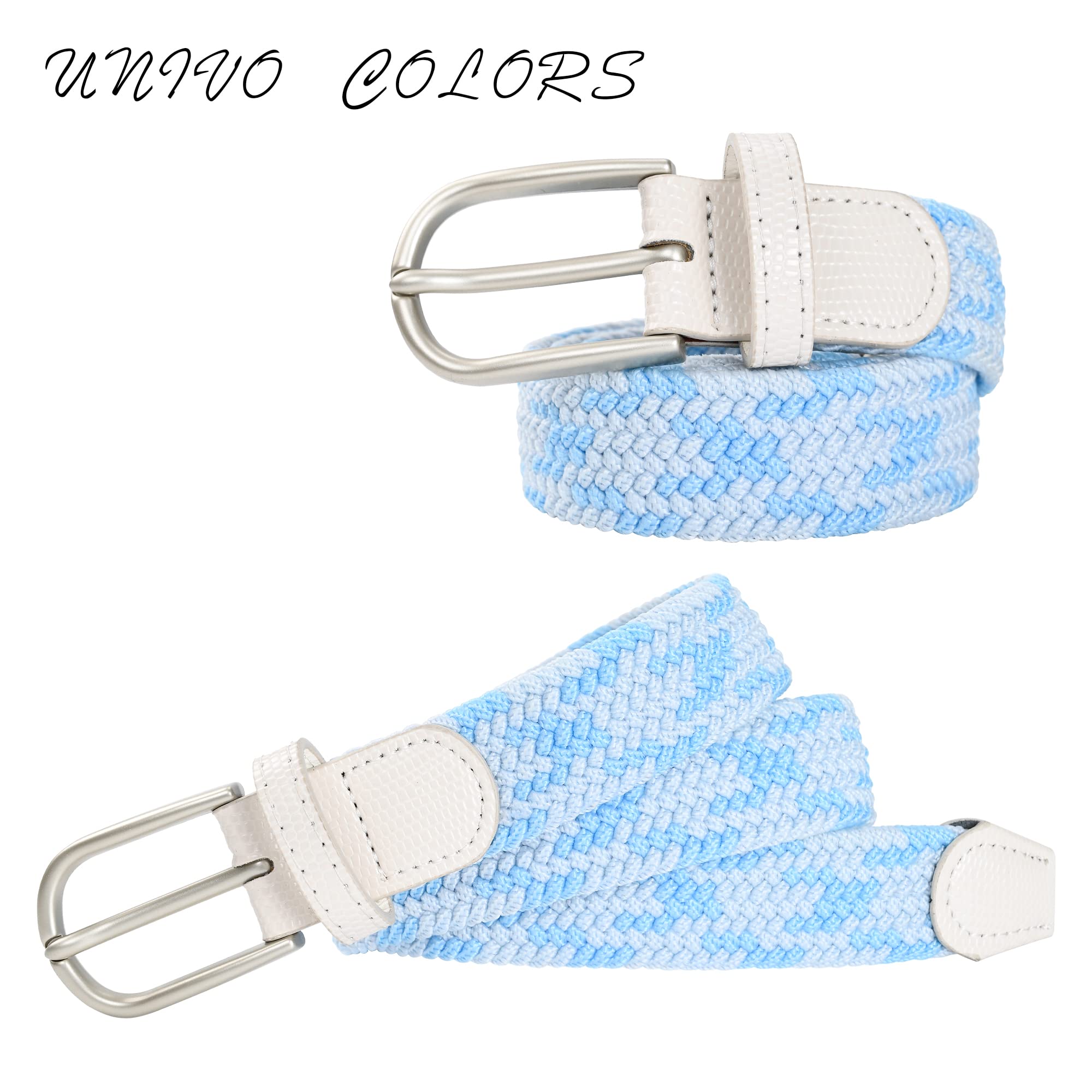 univo colors Multicolor Braided Golf Belt Elastic Stretch Oval Satin Nickel Pin Buckle Leather Loop End Tip(Blue White XXS)